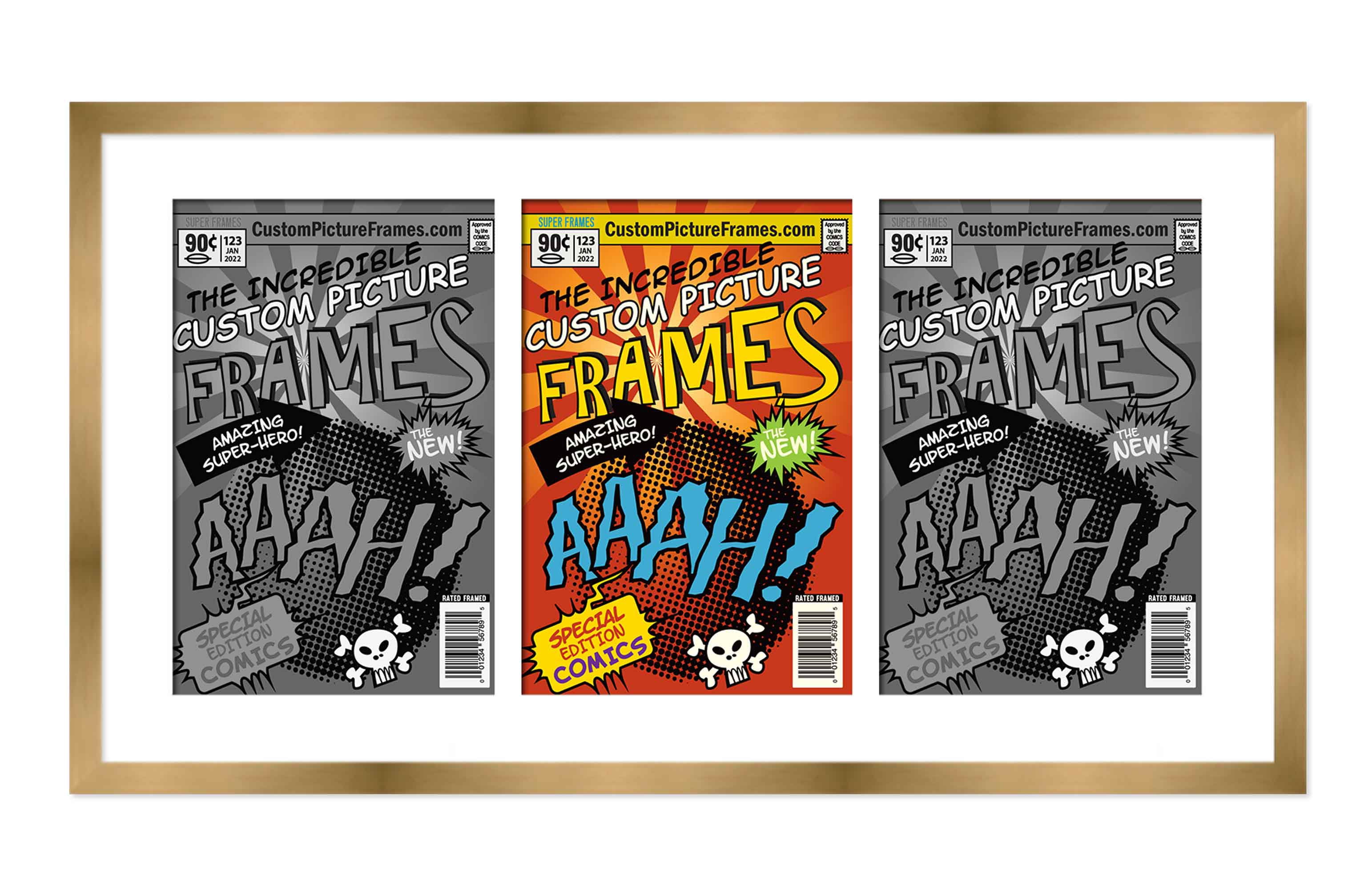 Gold Comic Book Frame with White Mat - 3 Openings to Display 3 7.125 ...