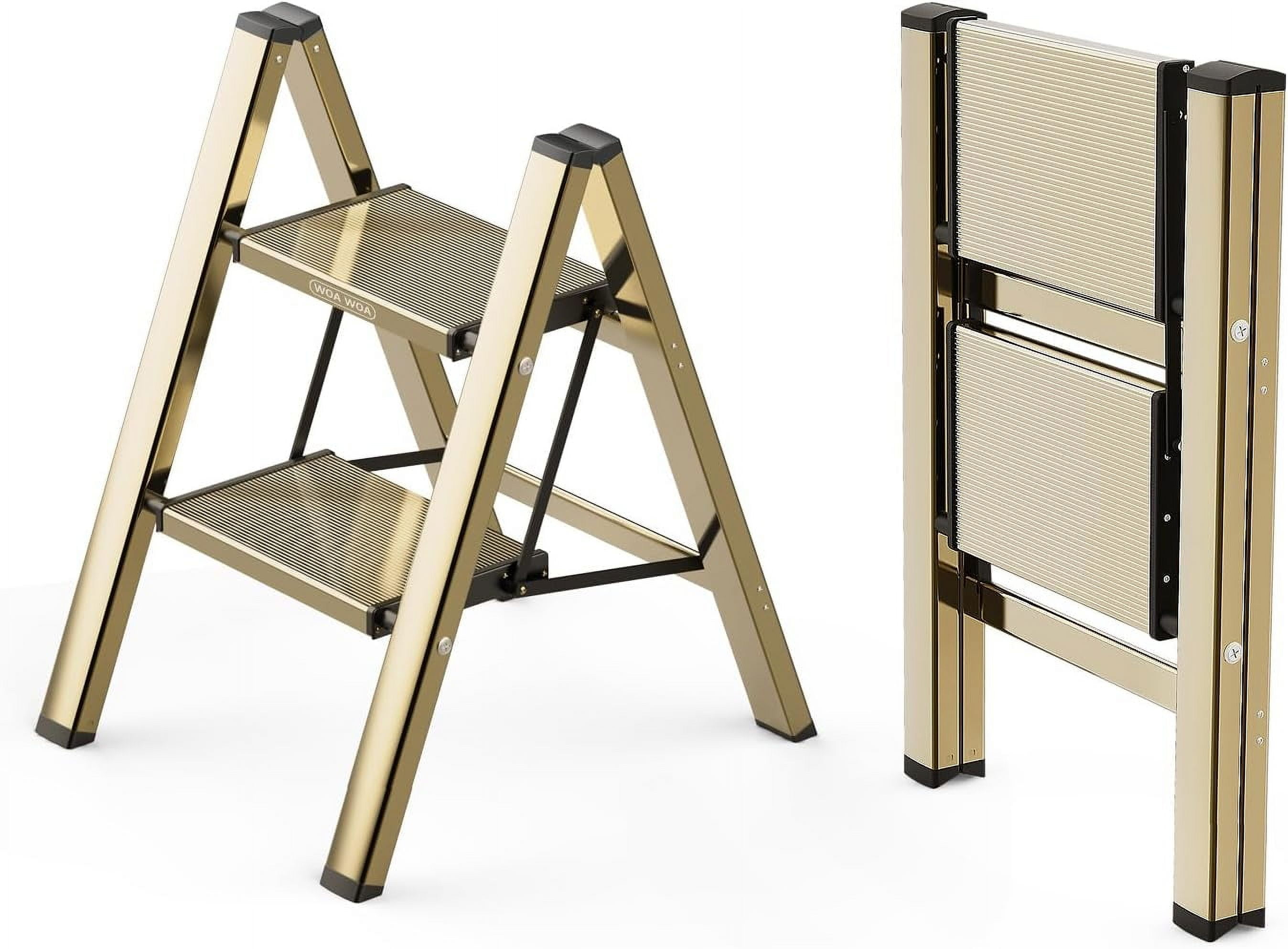 Gold Compact Foldable Step Ladder with Widen Pedals, 2 Step Aluminum ...