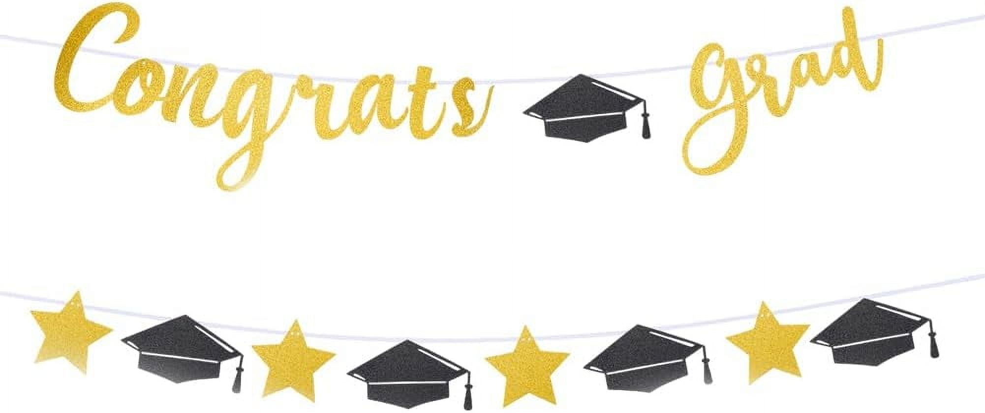 Gold Congrats Grad Banner Glitter Word Stars Black Graduation Hats ...