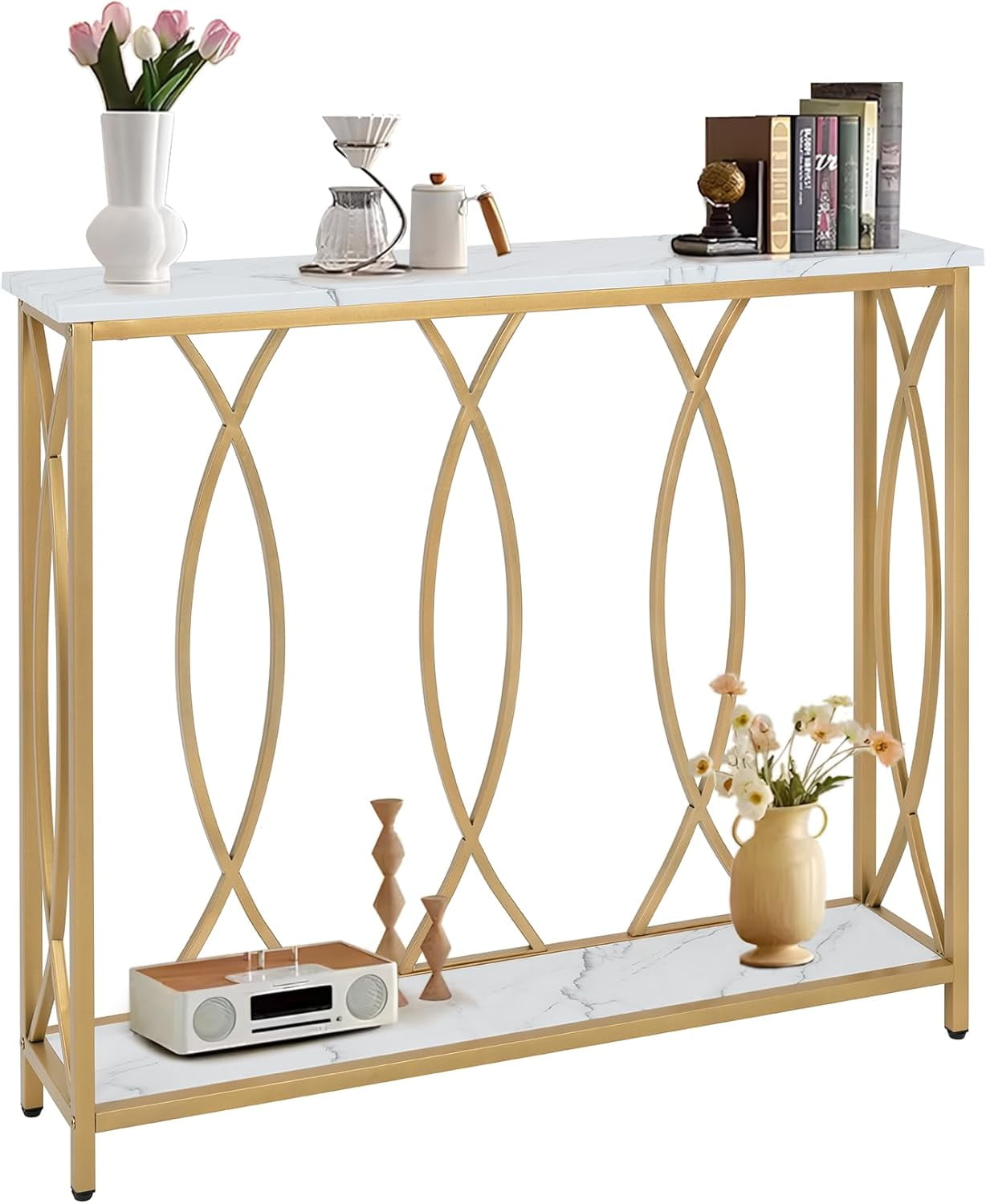 Gold Console Table, Modern Faux Marble Entryway Table with Metal Frame ...