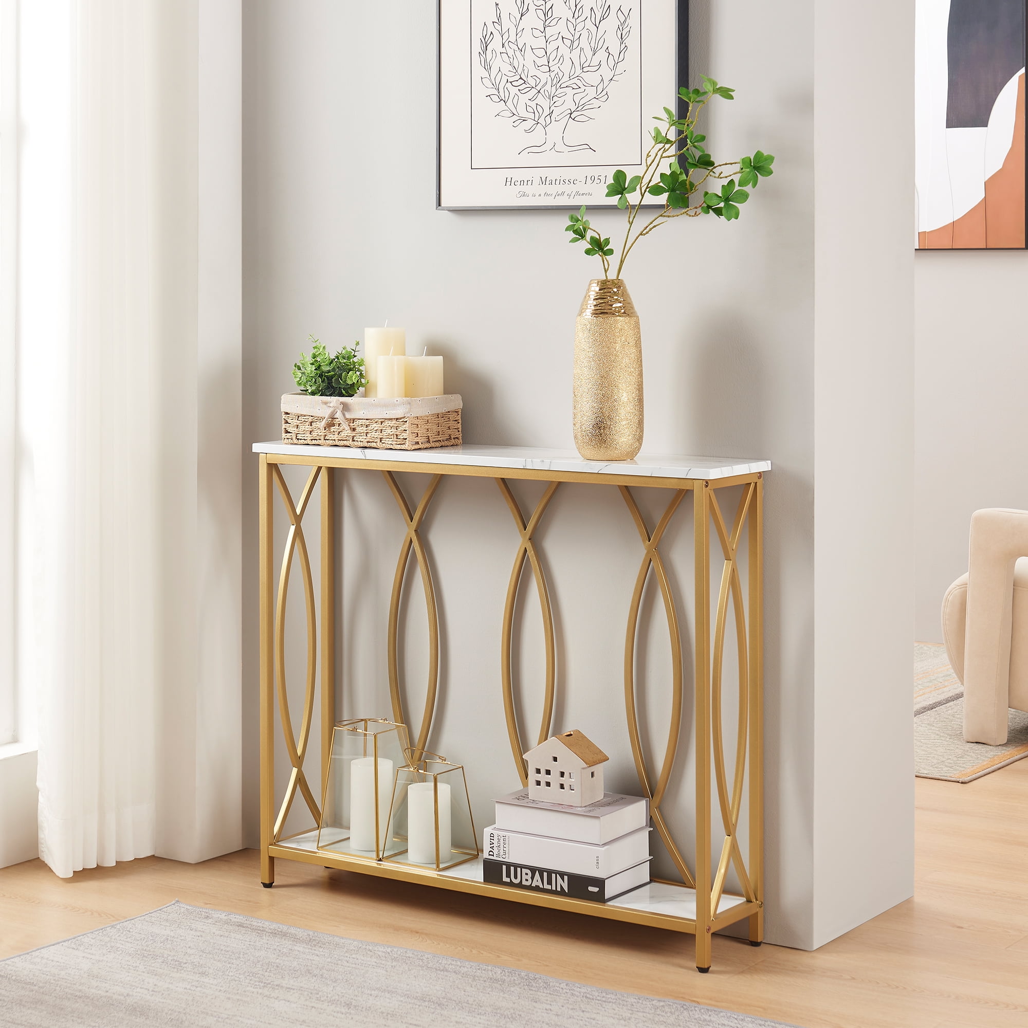 Gold Console Table, Modern Faux Marble Entryway Table, Narrow 2-Tier ...