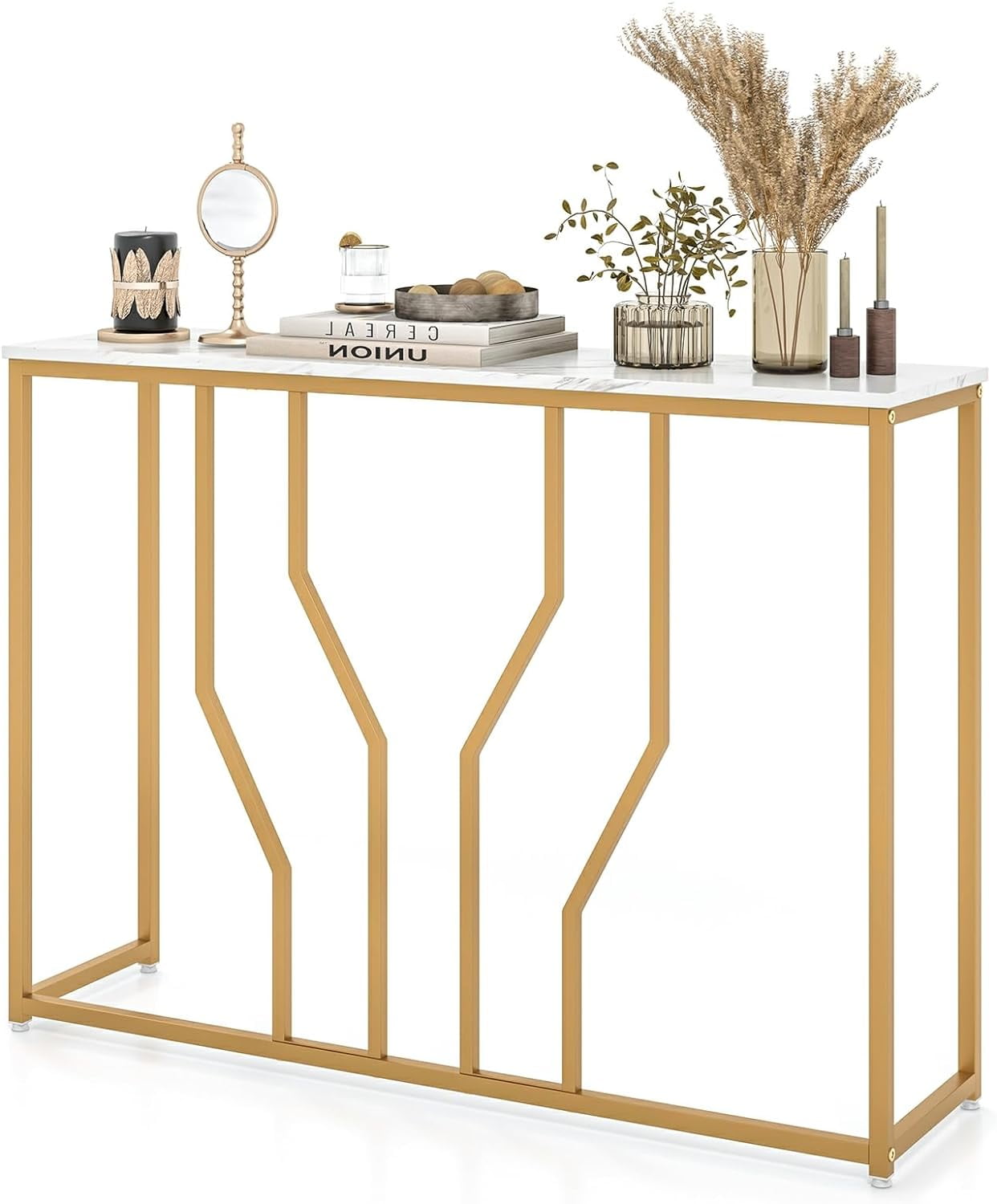 Gold Console Table, Modern Sofa Table with Faux Marble Tabletop ...