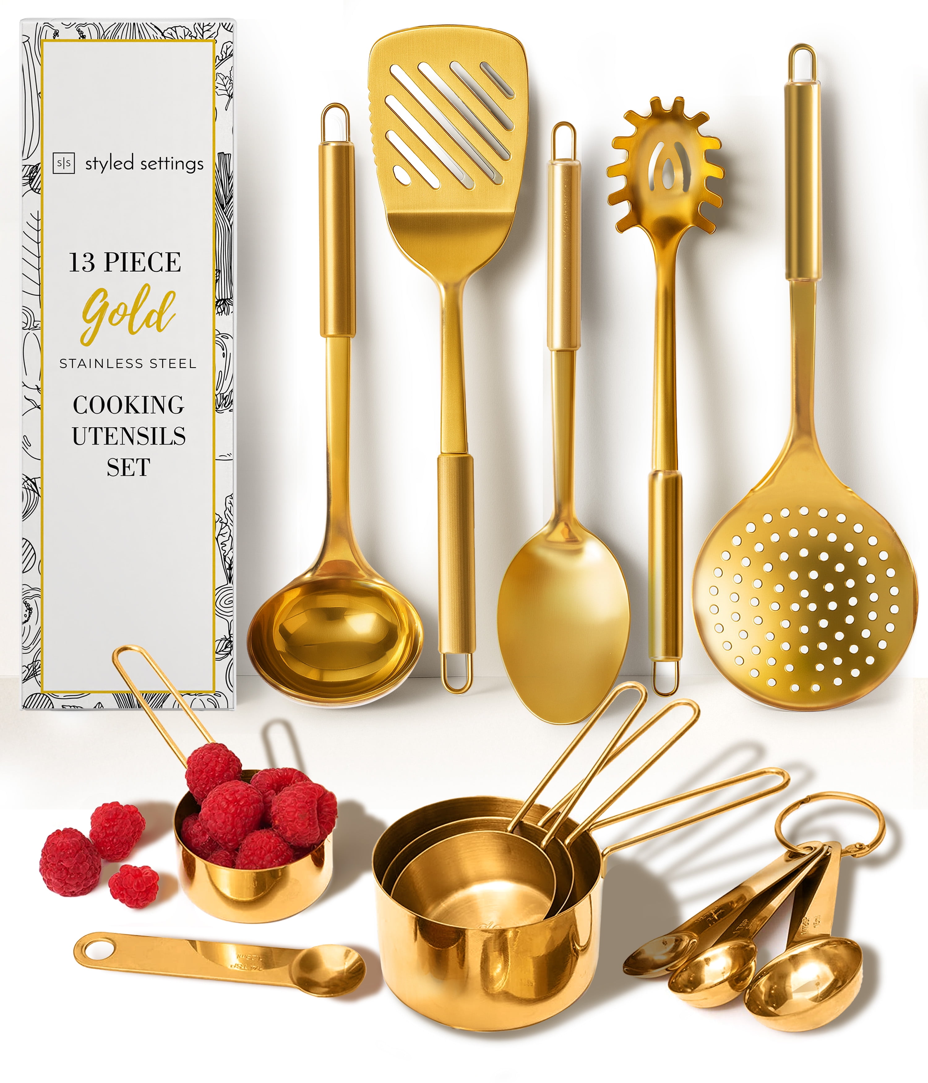 Gold Cooking Utensils with Gold Measuring Cups and Spoons Set (13 ...