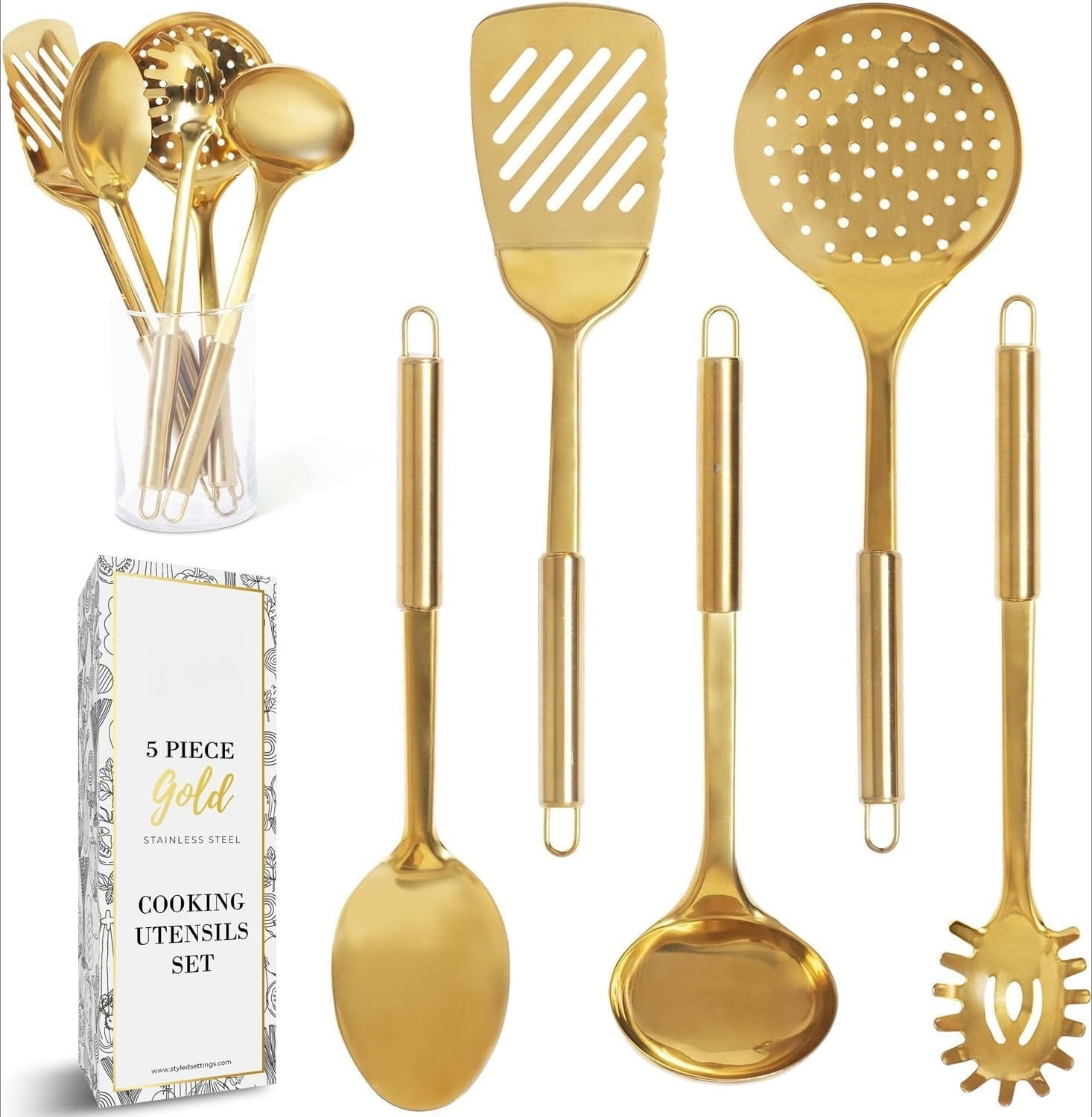 Gold Cooking Utensils Set – 5-Piece Stainless Steel Kitchen Tools for ...