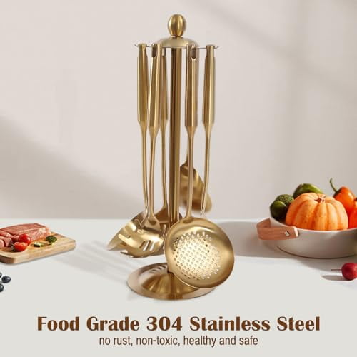 Gold Cooking Utensils Set with Holder, 7 PCS 304 Stainless Steel ...