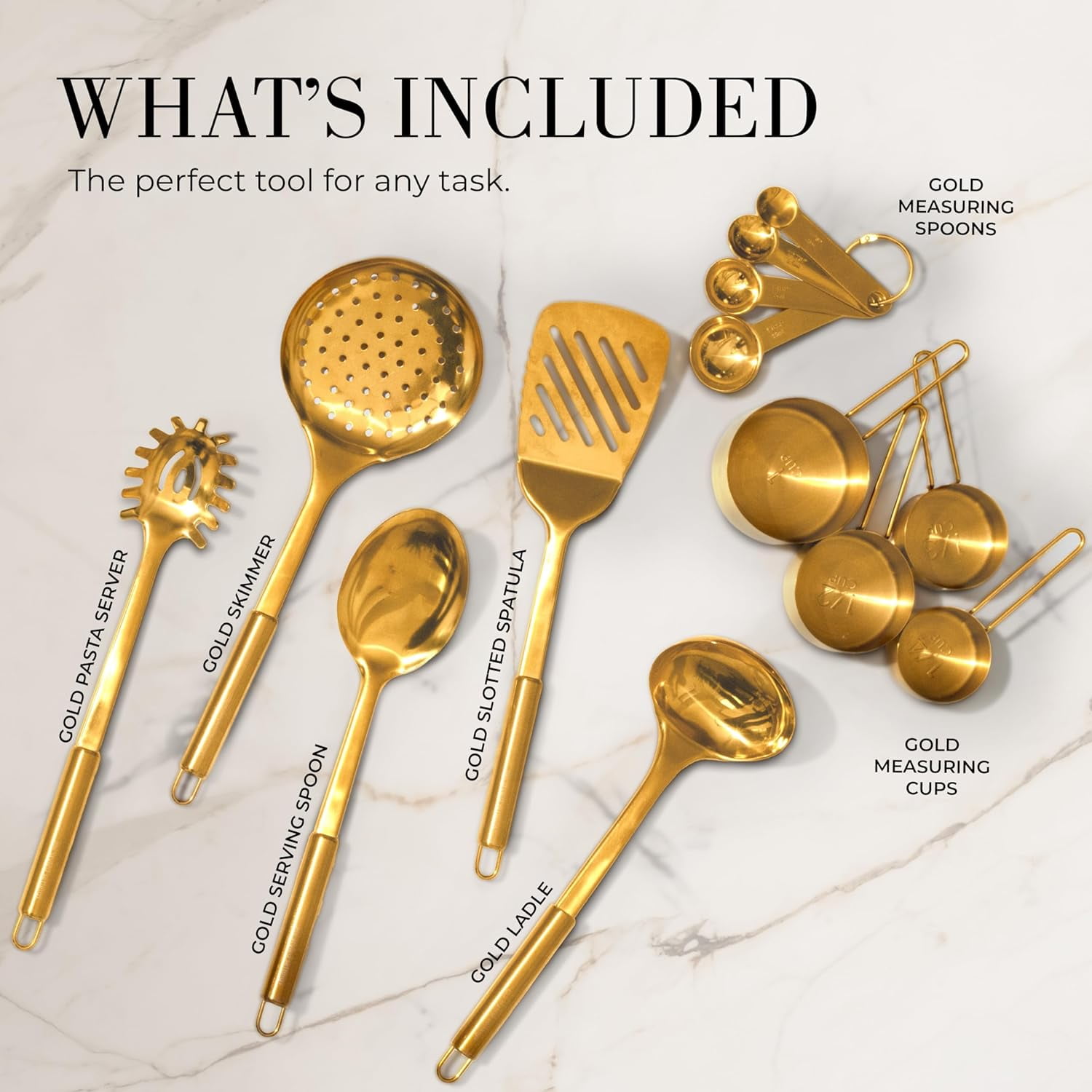 13-Piece Gold Kitchen Utensil Set with Stainless Steel Measuring Cups ...