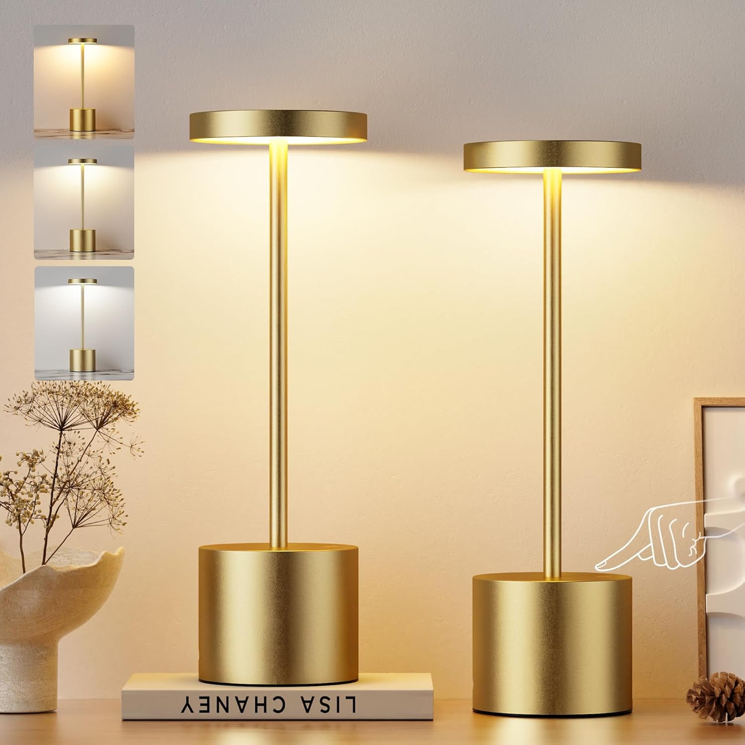 Gold Cordless Lamp, Rechargeable Lamp, Touch Control, 3 Color ...