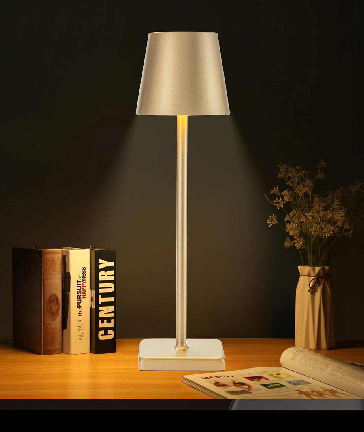 Gold Cordless Table Lamp, Aluminum Shell LED Rechargeable Desk Lamp, 3W ...