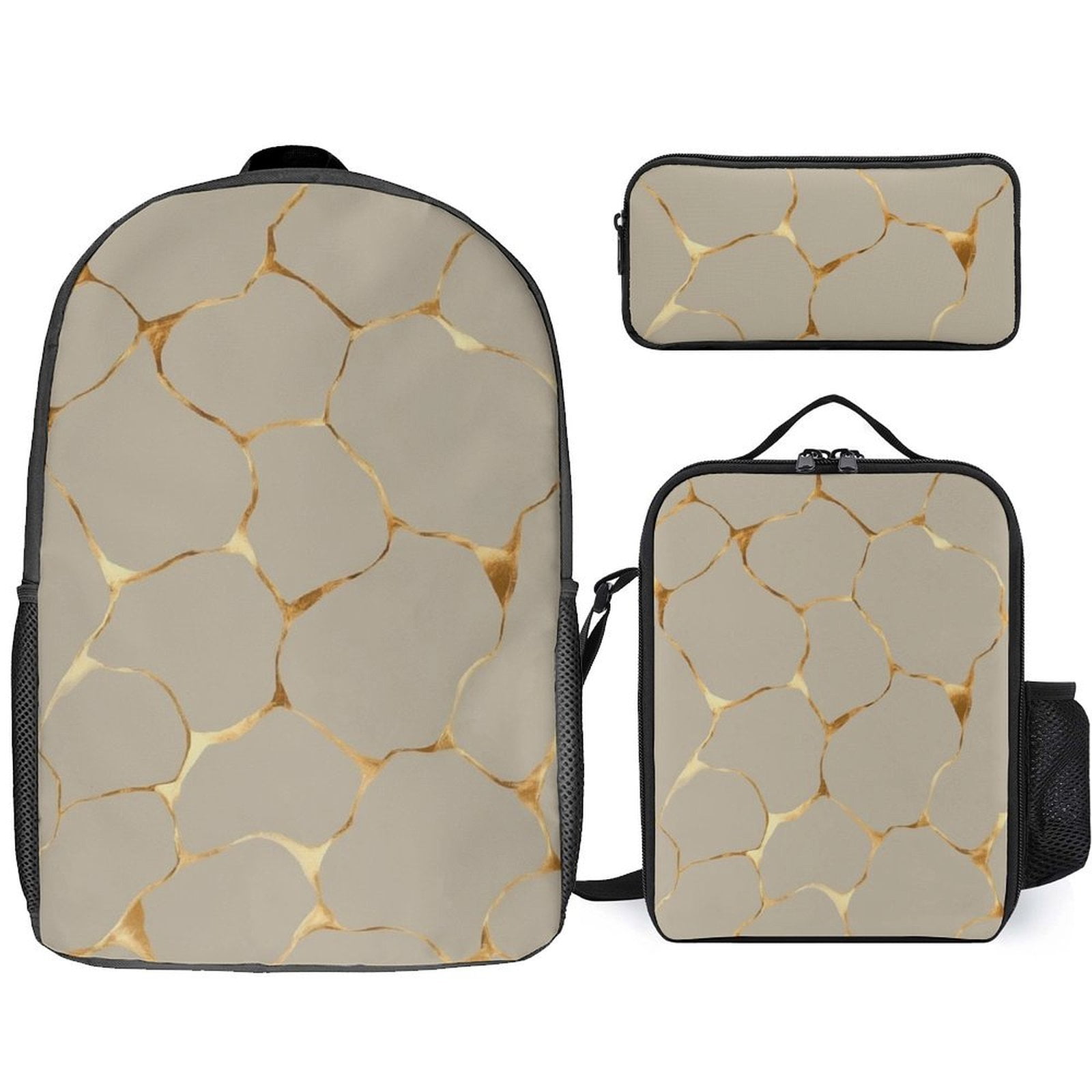 Gold Crackle Abstract Art 3D Printed 3pcs/Set Bags Laptop Daypack Backpack Lunch bag Pencil Case ...
