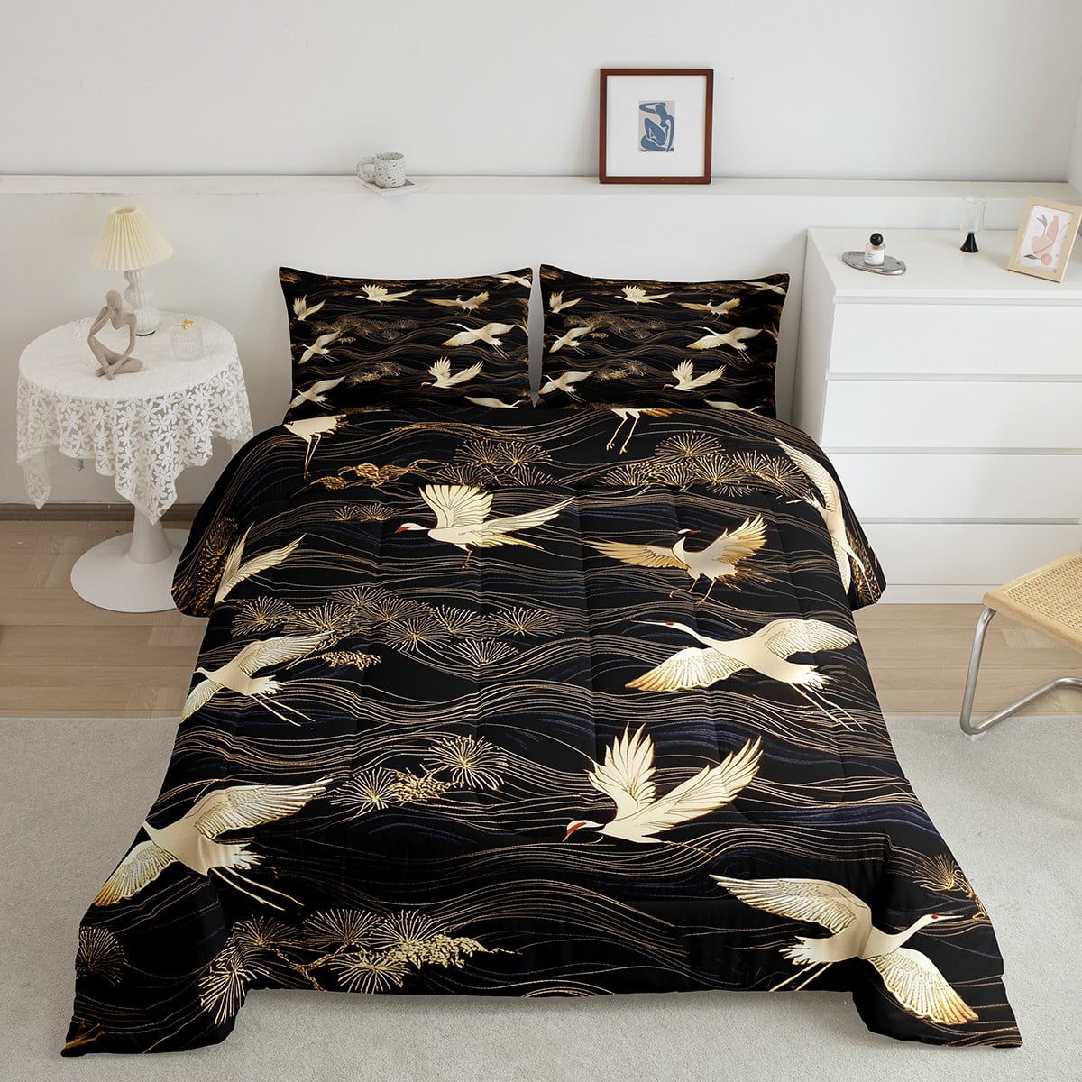 Gold Crane Comforter Set,Japanese Ukiyo-e Art Bedding Set Teens Room ...