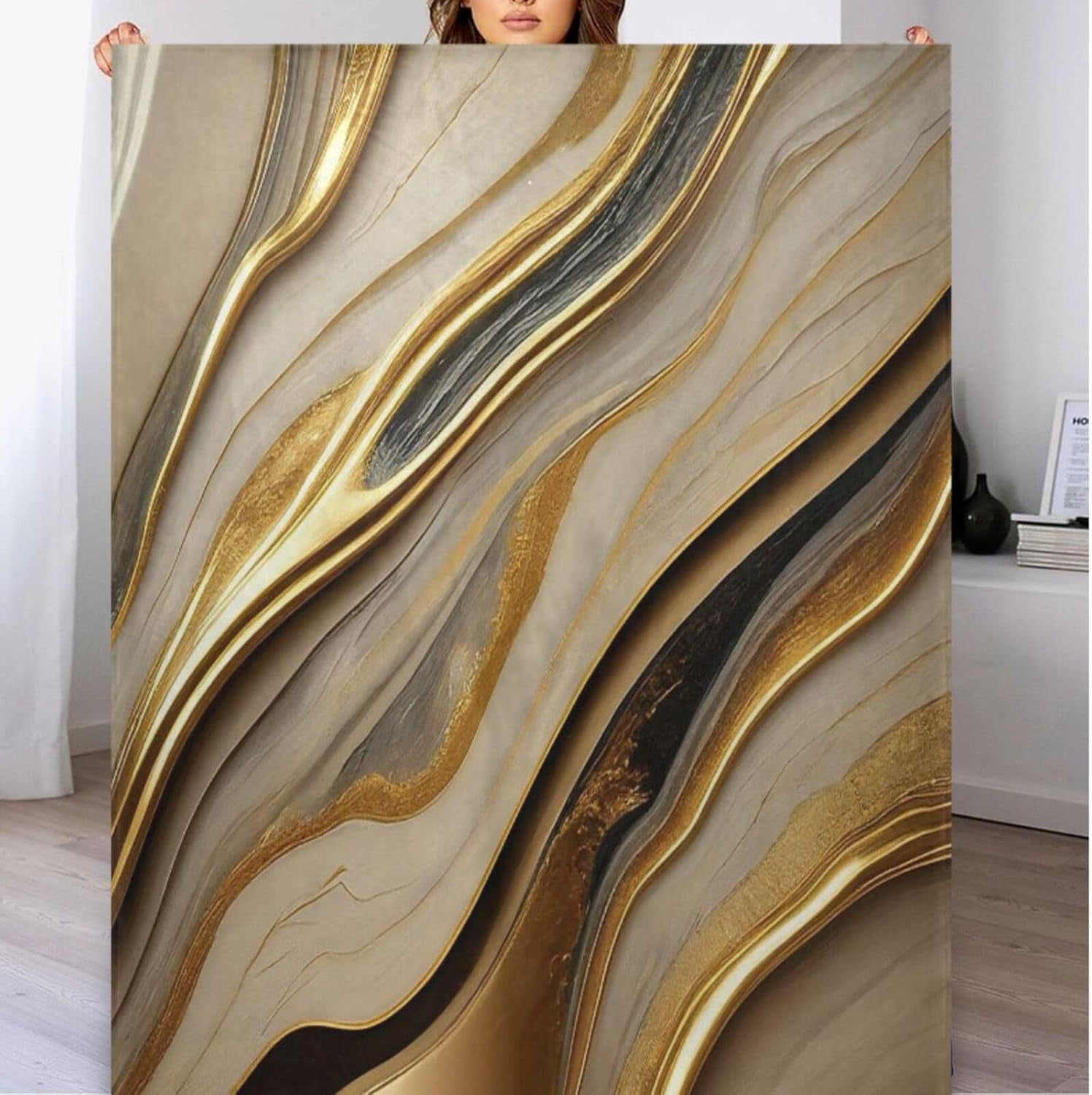 Gold Cream Marble Throw Blanket Elegant Soft Cozy Flannel Fleece ...