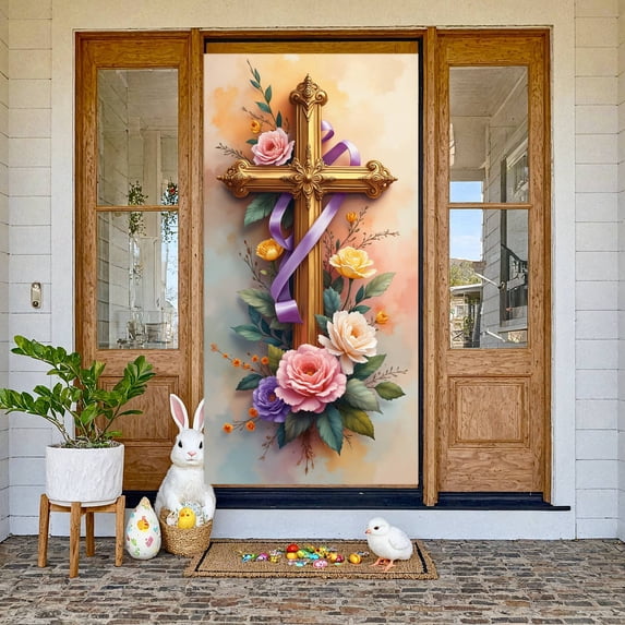 Gold Cross Banner Purple Ribbon Display Pink Roses Yellow Flowers ...