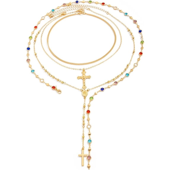 Gold Cross Long Necklace,Layered Colorful Rhinestone Cross Statement ...
