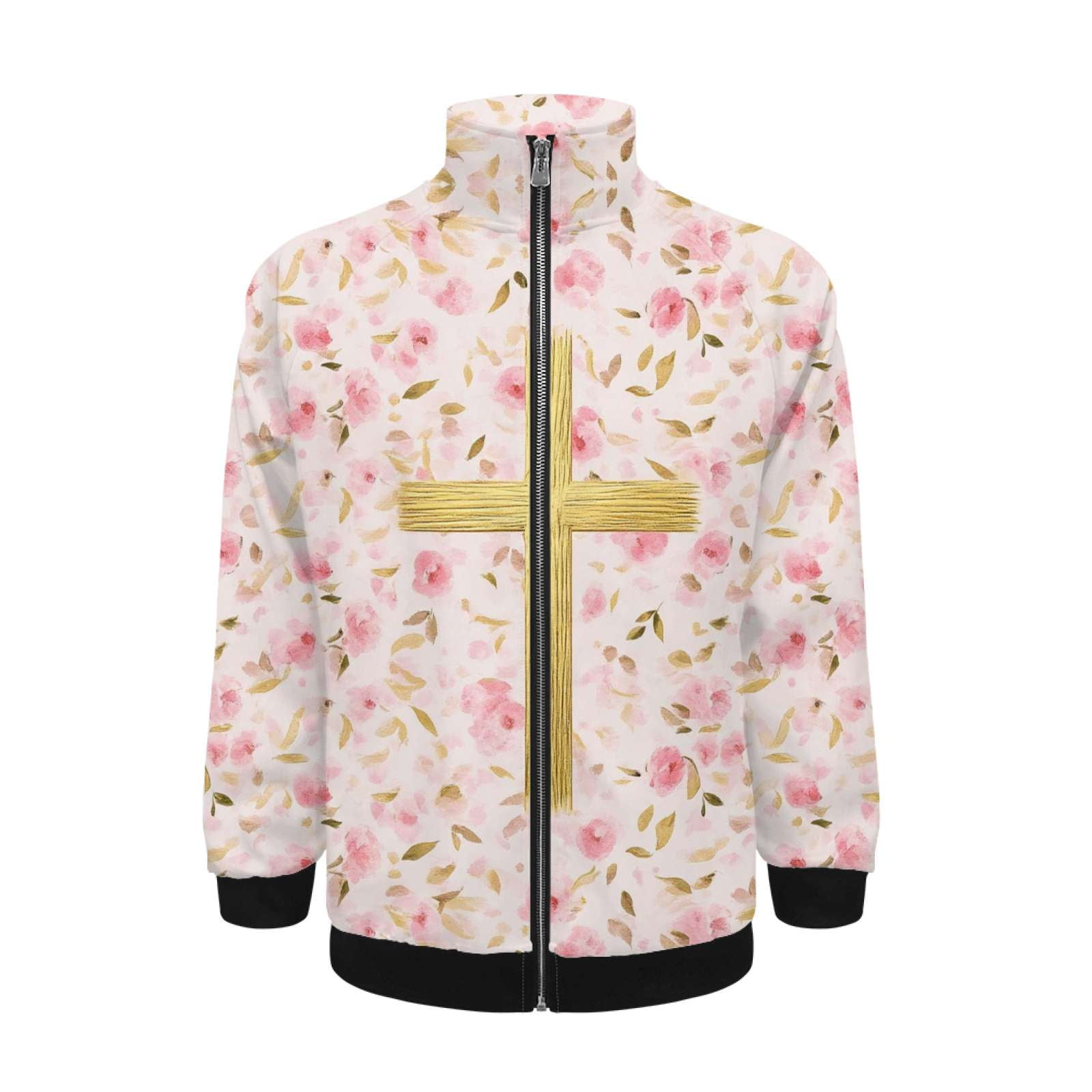 Gold Cross On Pink Floral Pattern Jacket Men's Street Cool Long Sleeves ...