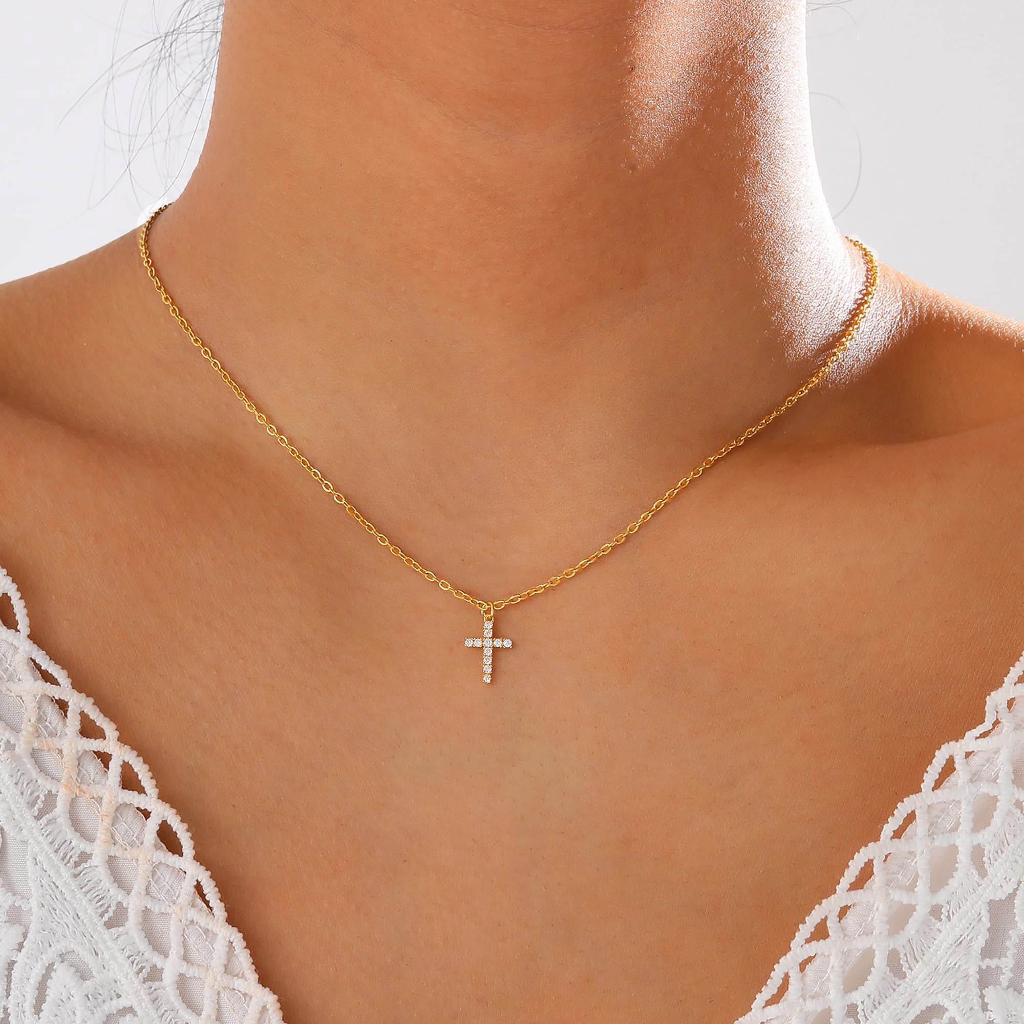 Turandoss 14K Gold Plated Dainty Diamond Cross Pendant Necklace Women ...