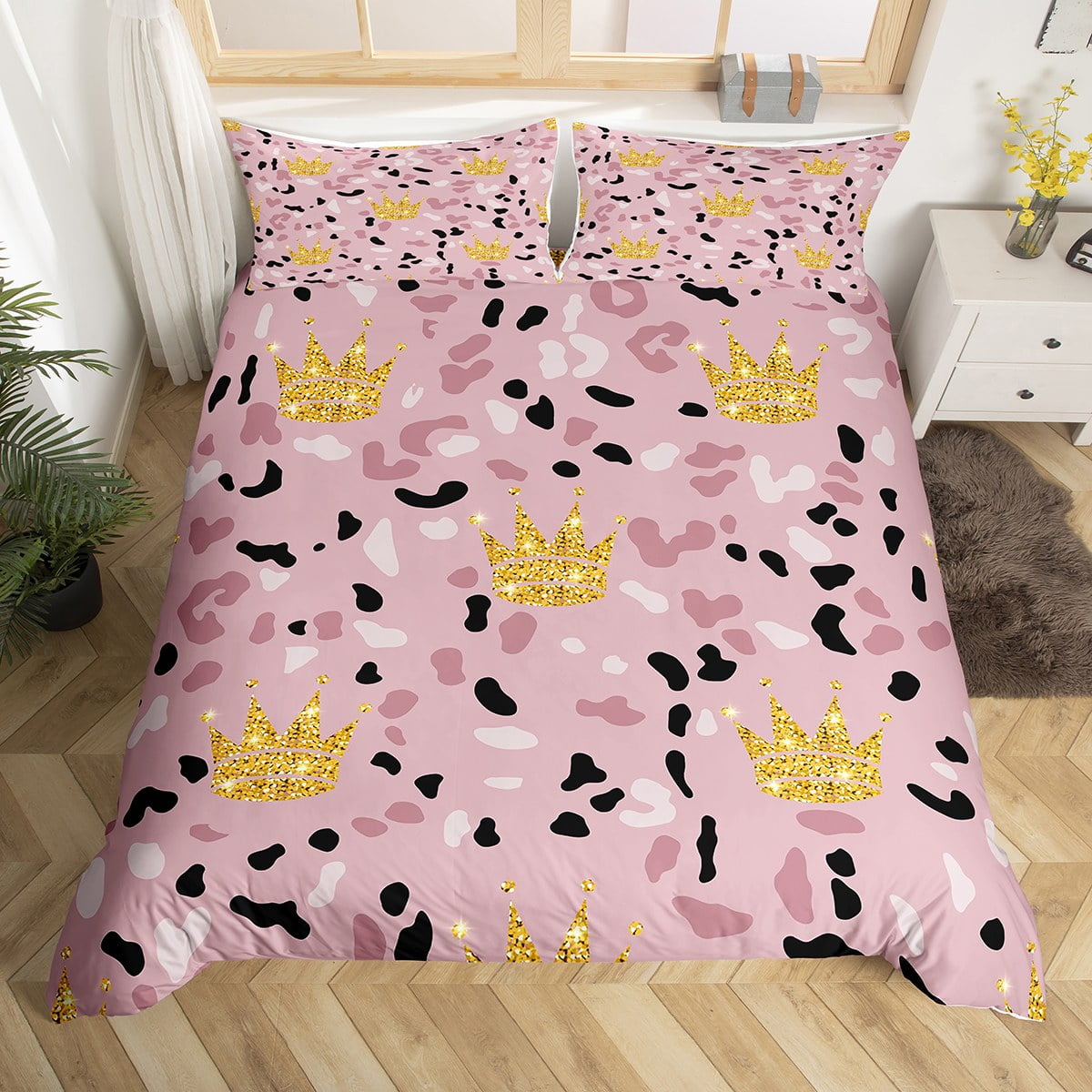 Gold Crown Comforter Cover Women Pink Cheetah Print Bed Set, Golden ...
