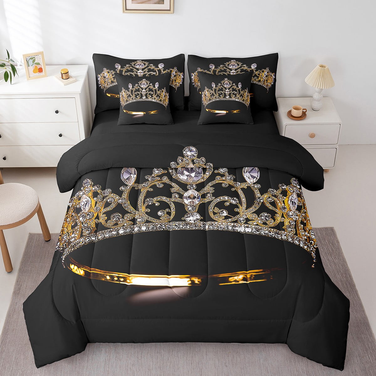 Gold Crown Comforter Set 7 Piece Bed in a Bag Twin,Diamonds Bedding ...