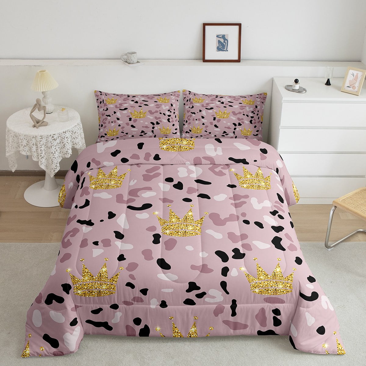 Gold Crown Comforter Set King for Girls Women Pink Cheetah Print ...