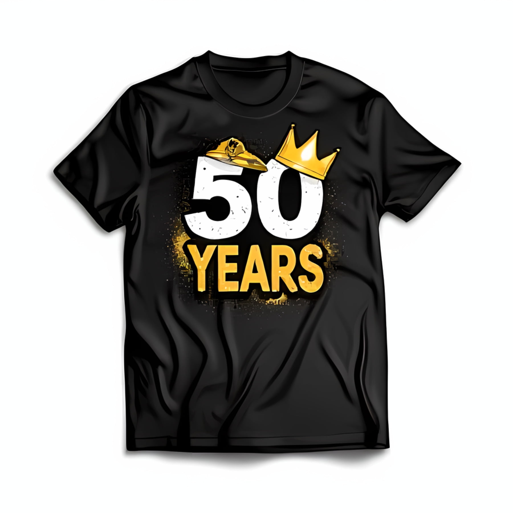 Gold Crown & Hat Design on Black T-Shirt Celebrating 50 Years with Bold ...