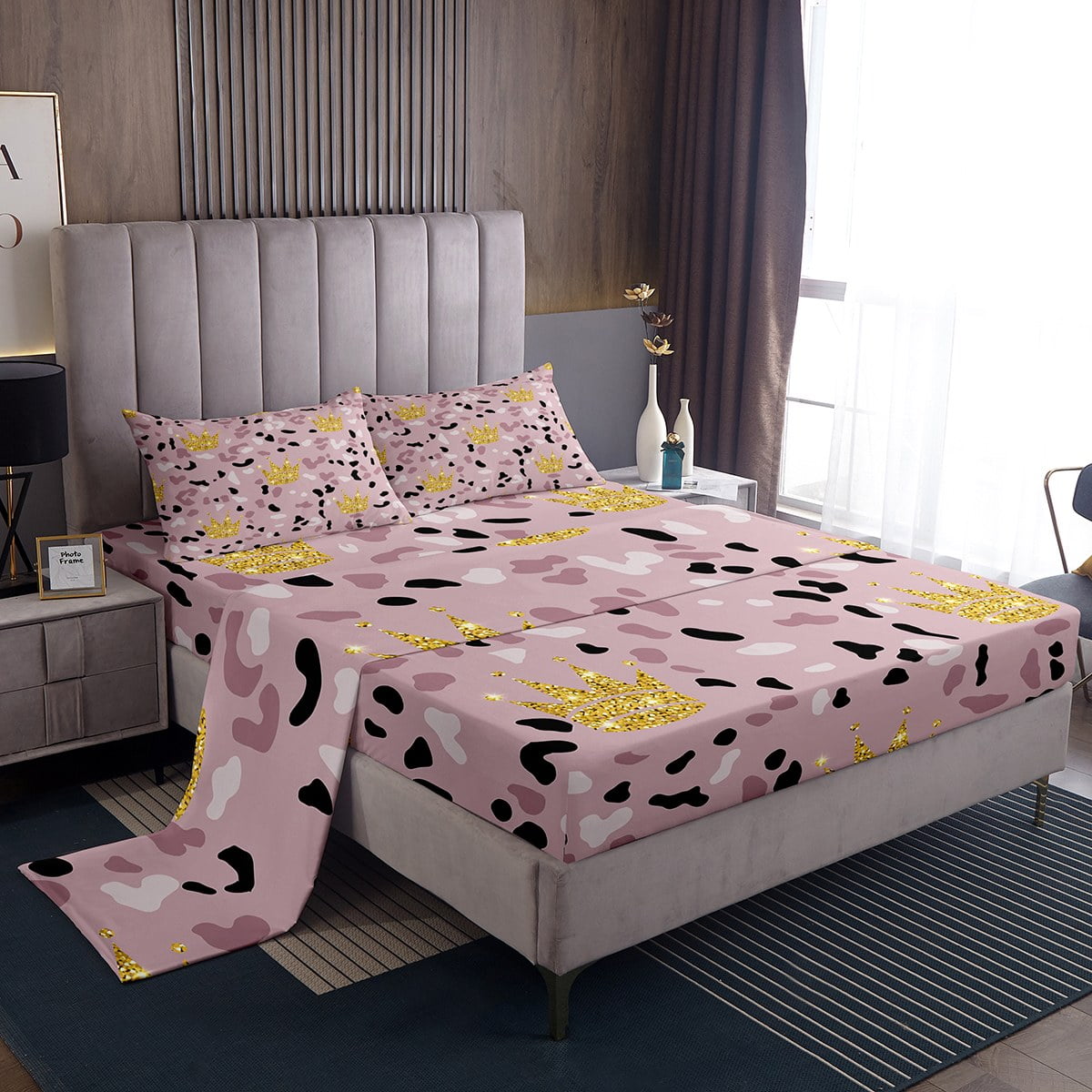 Gold Crown Queen Sheet Set for Girls Women Pink Cheetah Print Sheets ...