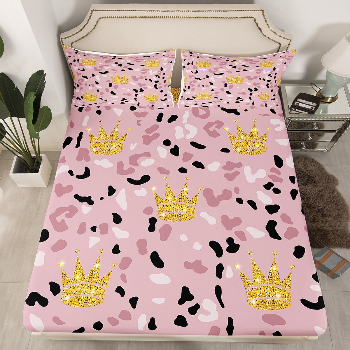 Gold Crown Twin Fitted Sheet Women Pink Cheetah Print Sheets, Golden ...