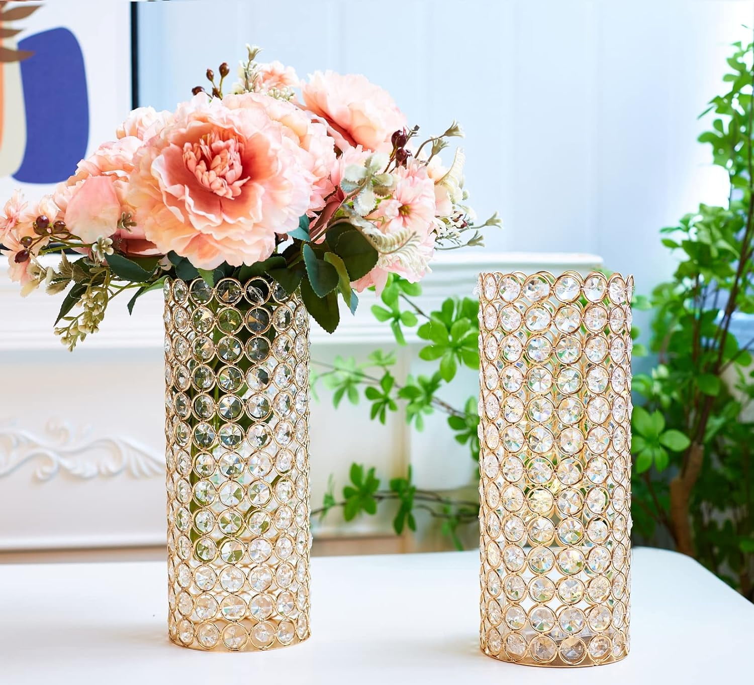 Elegant Round Metal & Acrylic Gold Crystal Beaded Vase, Decorative ...