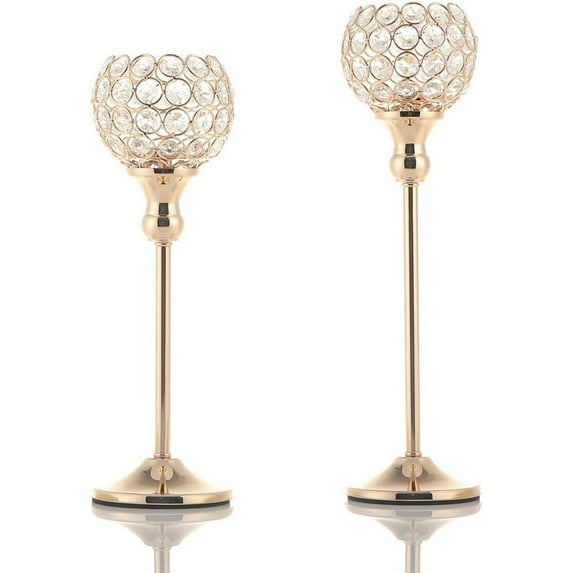 Gold Crystal Candle Holders Set of 2,Pillar Candlesticks for Table ...