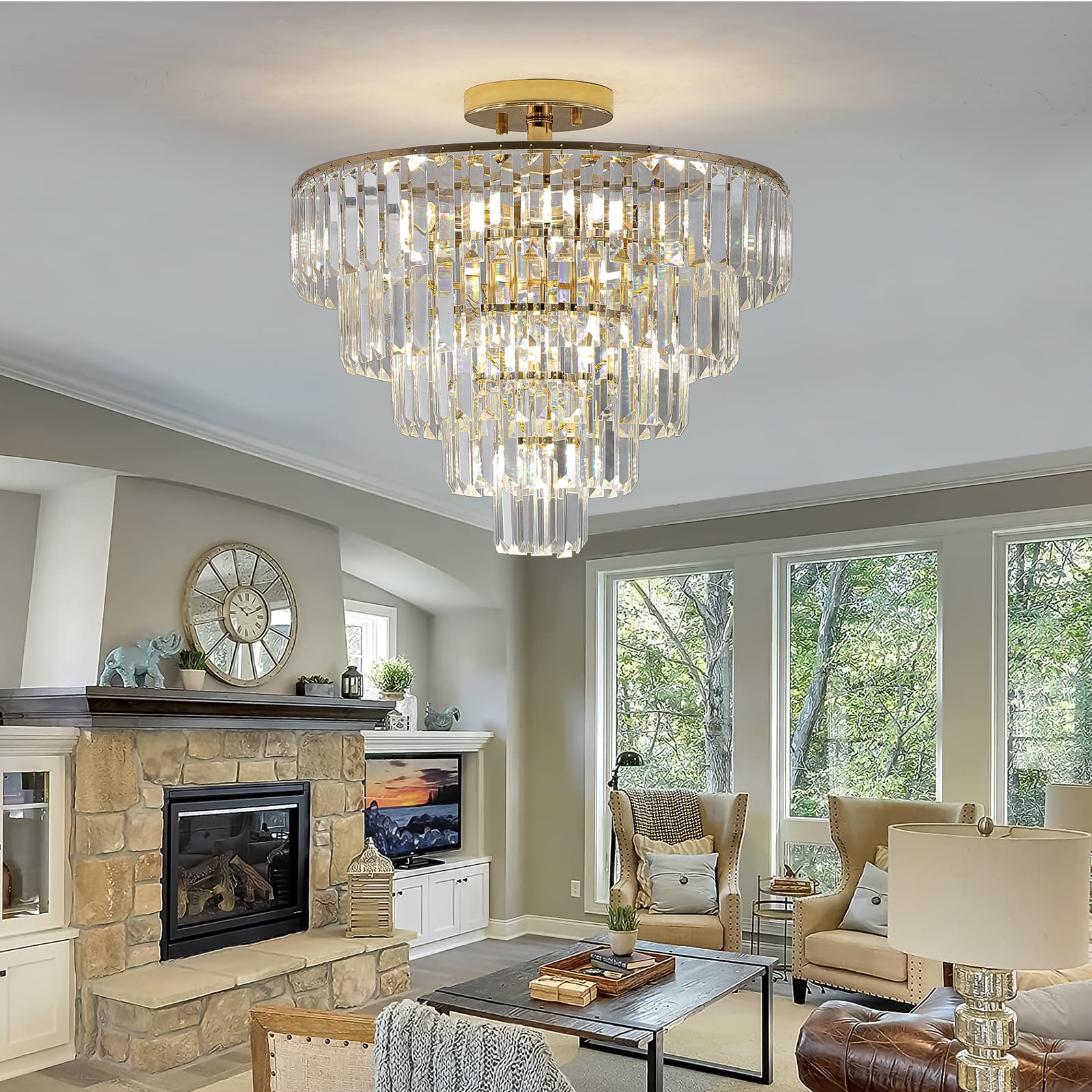Gold Crystal Chandeliers,5-Tier Round Semi Flush Mount Chandelier Light ...