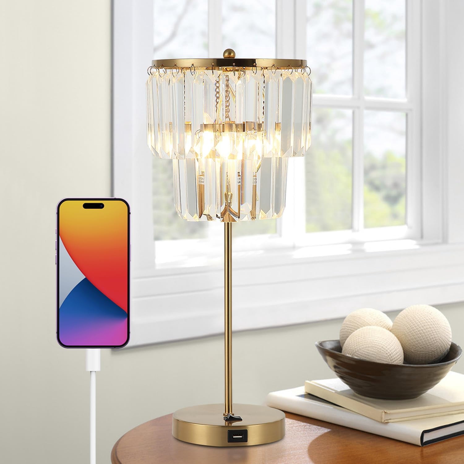 Gold Crystal Table Lamp 18 Inches, Tiffany Clear Crystal Drops, USB ...