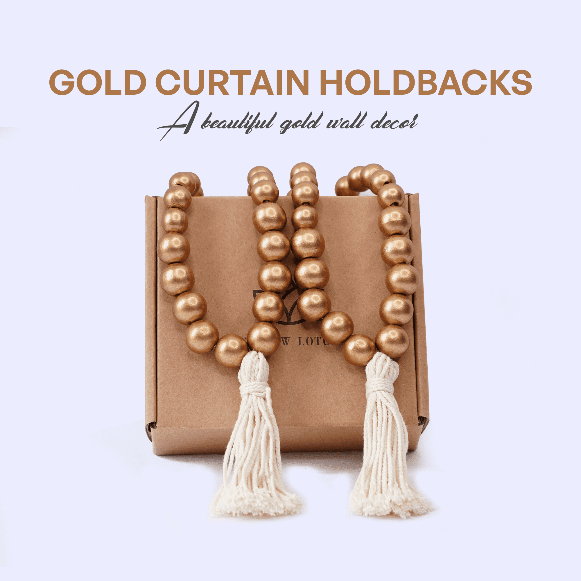 Yellow Lotus Gold Curtain Tiebacks, 2 pack, 25-Inch Wood Bead Rope ...