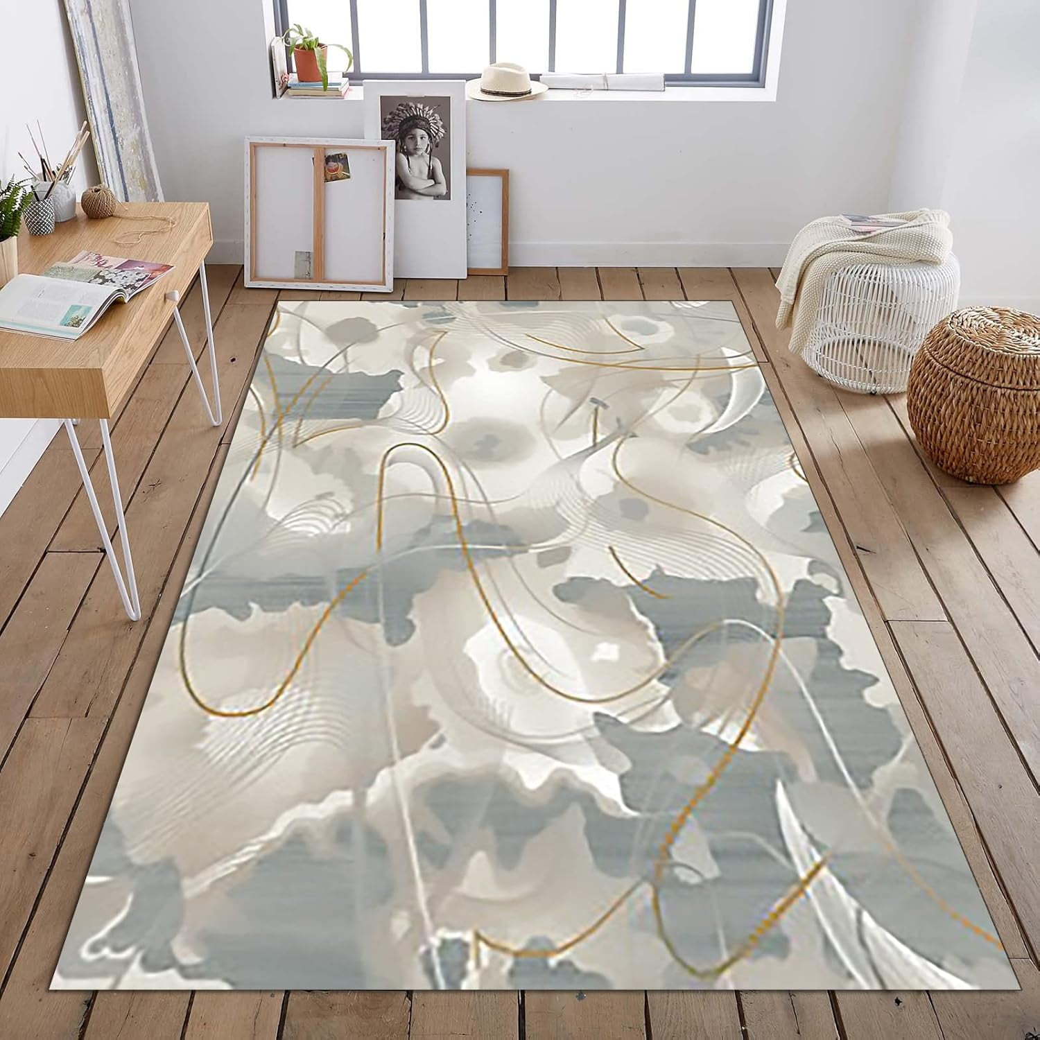 Gold Curved Line Strip Rug, Gray and White Hand Painted Painting Porch ...