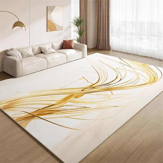 Gold Curves Luxury Area Rug, Modern Stylish Beige Carpet, Abstract Art ...
