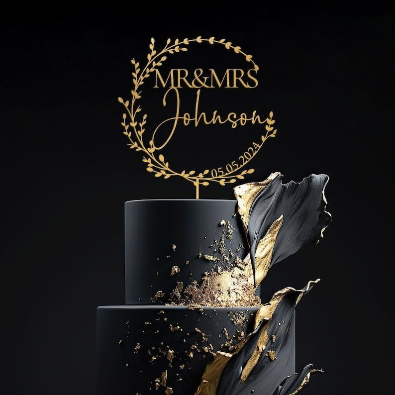 Gold Custom Name Cake Topper, Mr & Mrs Acrylic Topper, Elegant Rustic ...