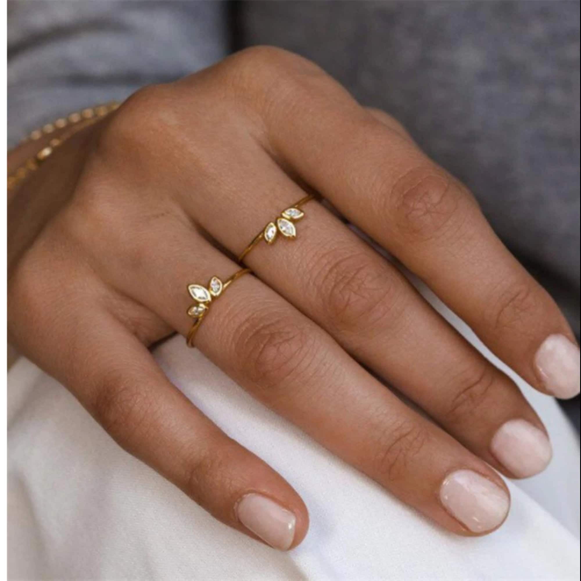 Gold Dainty Tiara Ring, 3 CZ Marquise , Leaves Flower, Tiara Crown ...