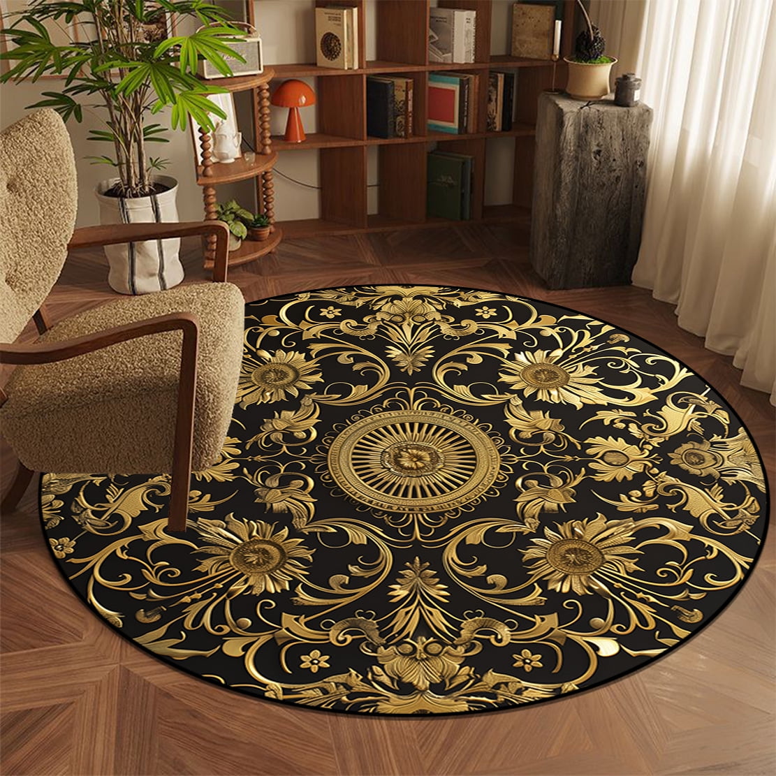 Gold Damask Living Room Round Rug Victorian Era Aesthetic Rug Baroque ...