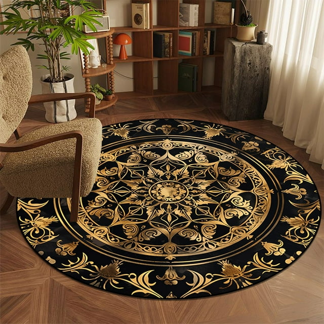 Gold Damask Living Room Round Rug Victorian Era Aesthetic Rug Baroque ...