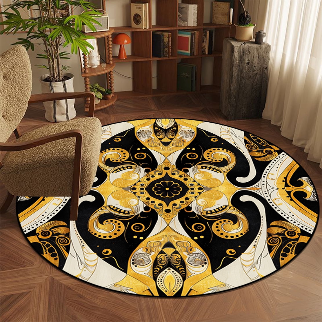Gold Damask Living Room Round Rug Victorian Era Aesthetic Rug Baroque ...