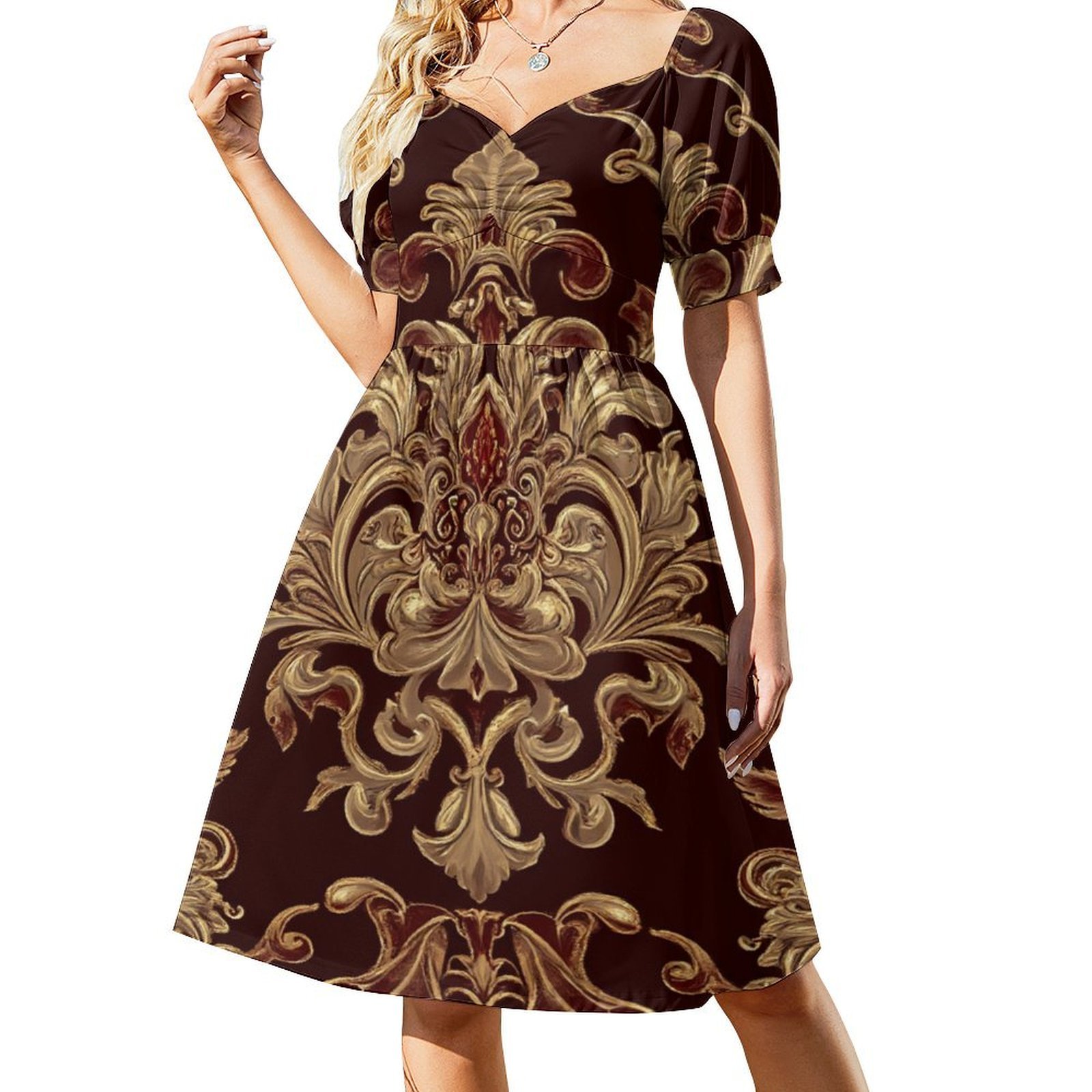 Gold Damask Opulent Wallpaper Design Short Sleeve Dress Clothes Women's ...