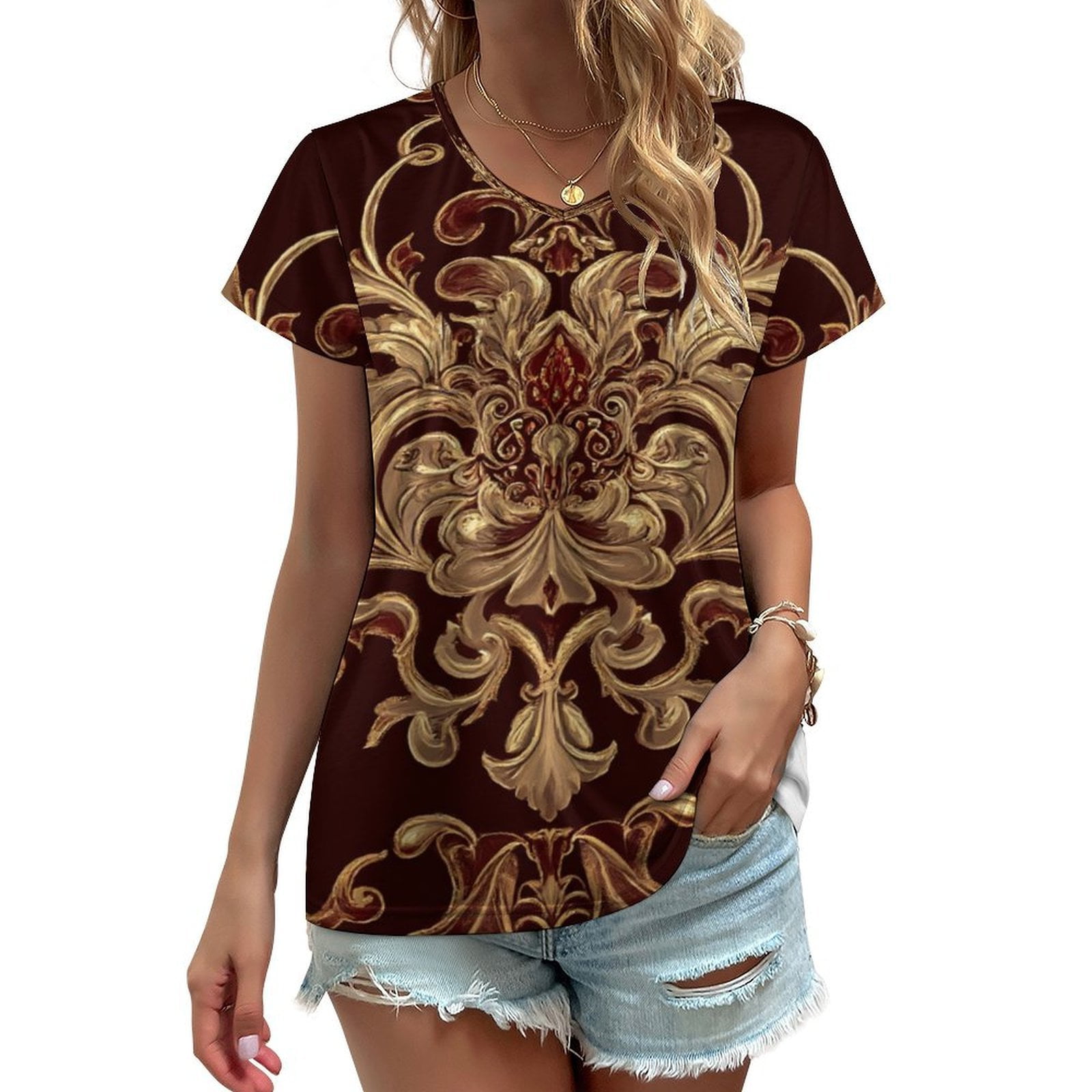 Gold Damask Opulent Wallpaper Design Women's Blouse Short Sleeve Women ...