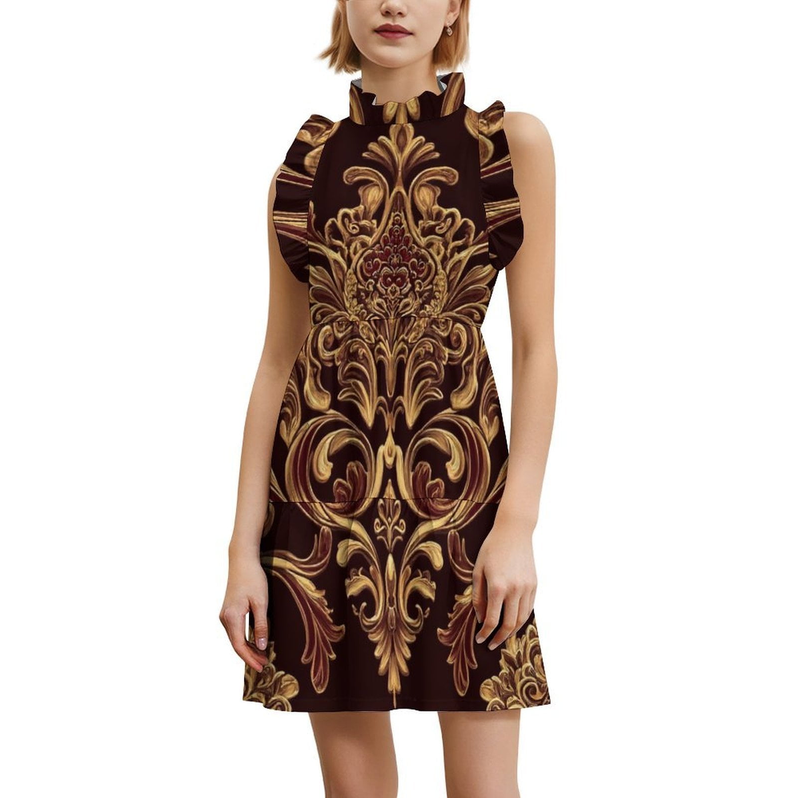 Gold Damask Regal Design Pattern Women's Fashion Casual Dress Summer ...