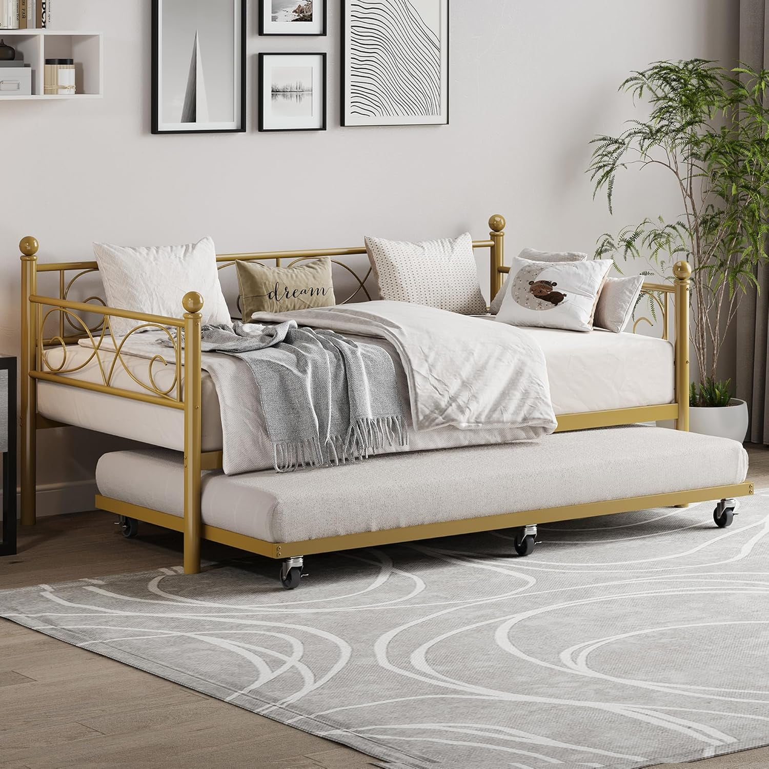 Gold Daybed with Trundle Bed, Twin Size Metal Day Bed with Floral ...