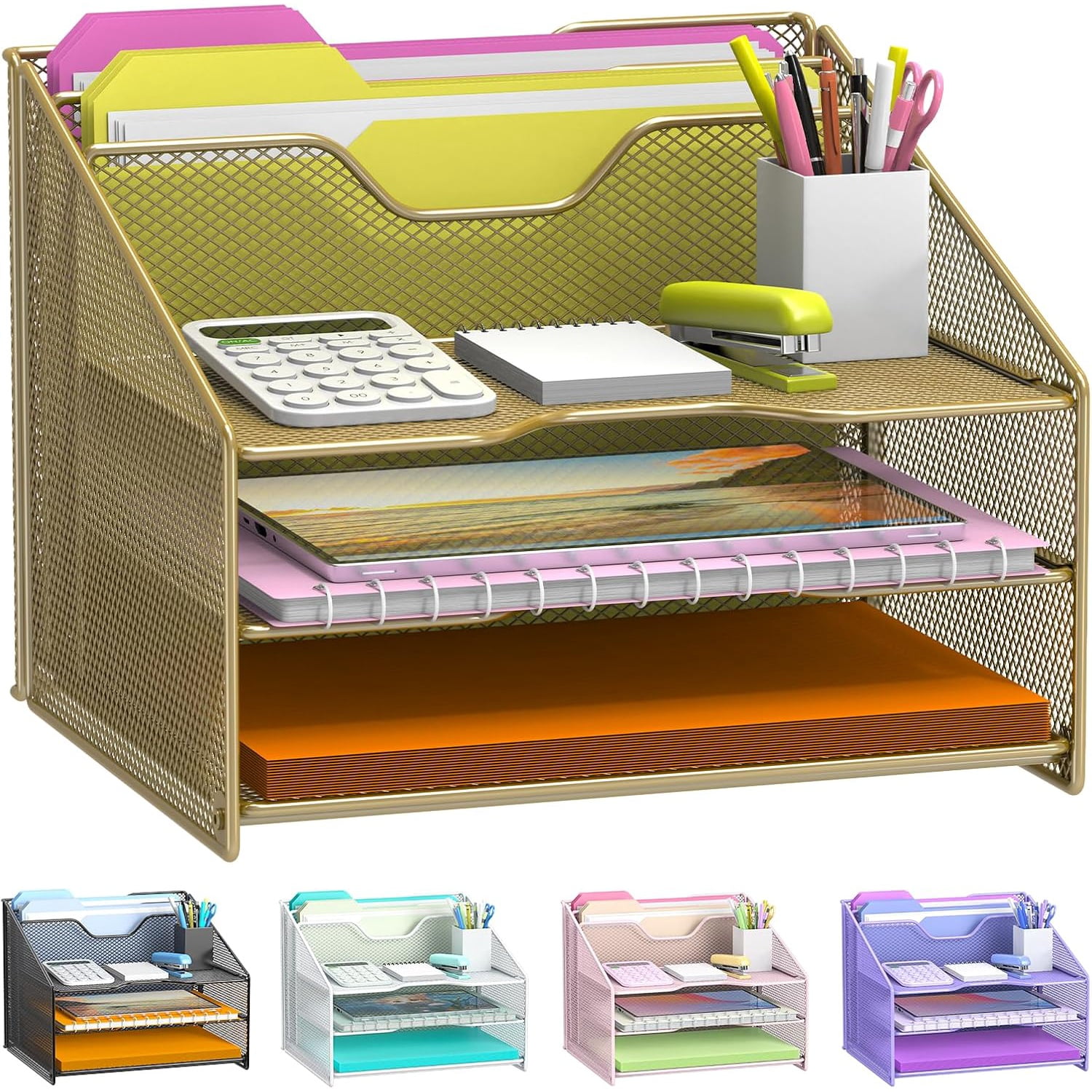 Gold Desk File Organizer, Mesh Letter File Folder Holder with 3 Paper ...