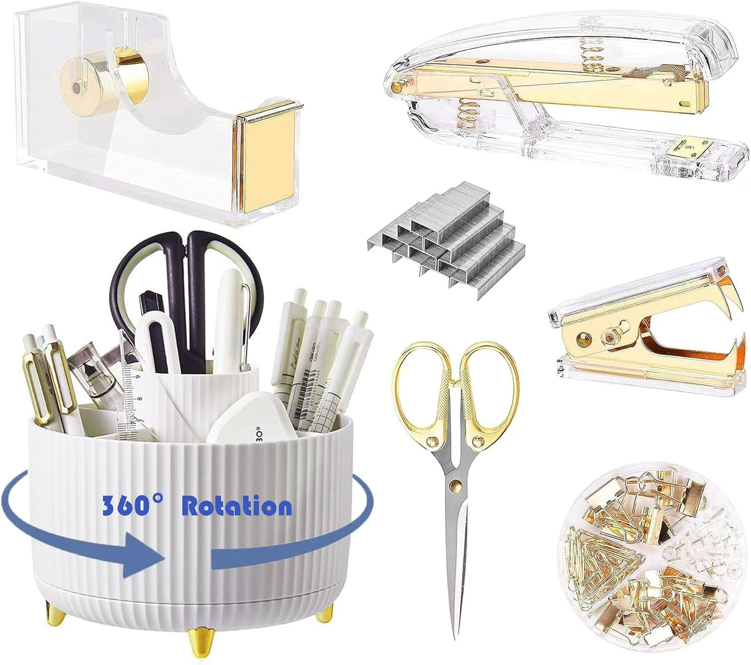 Gold Desk Organizers and Accessories 7Pcs Set with 360-Degree Rotating ...