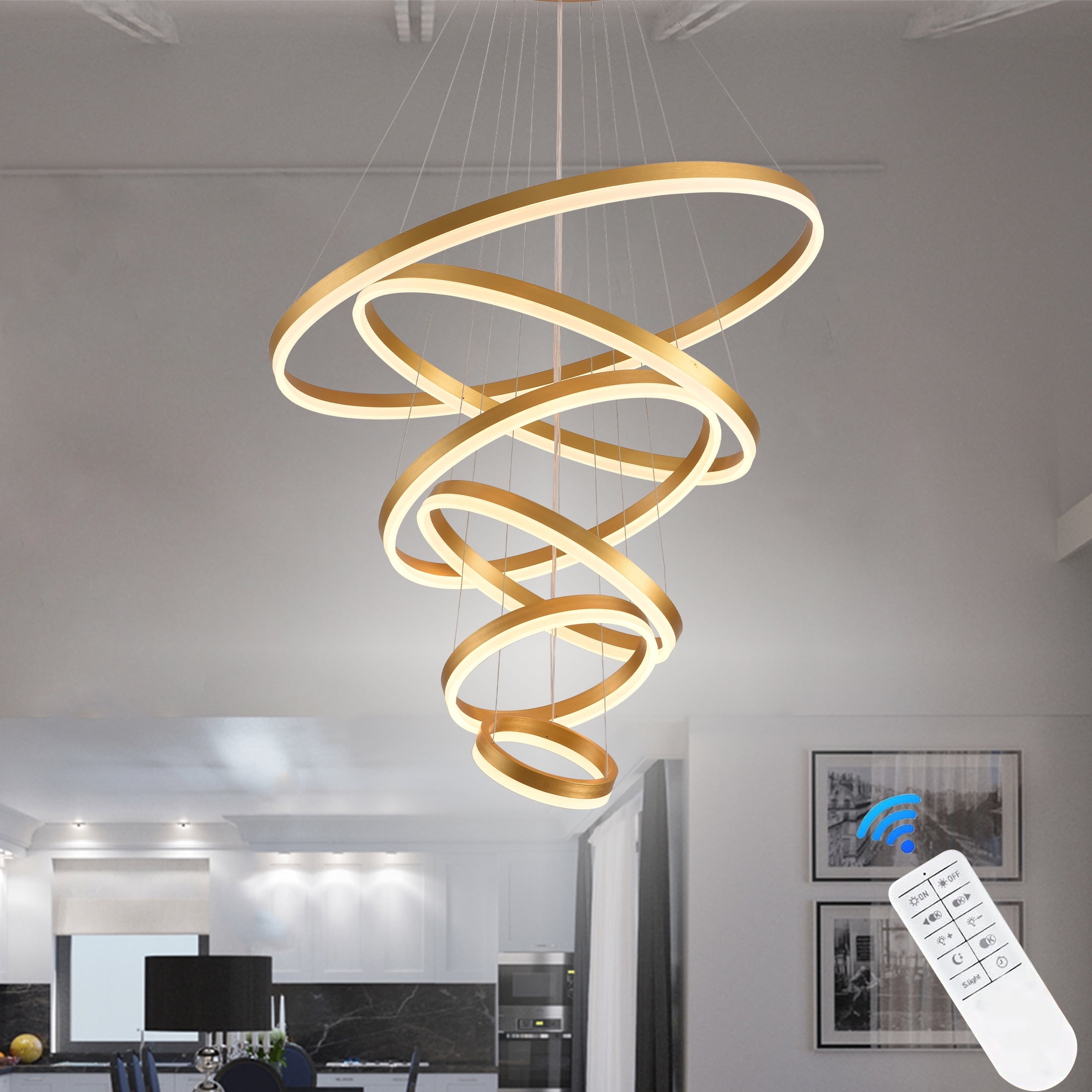 Gold Dimmable Led chandelier Modern Ring Pendant Light With Remote Control, Modern 6-Ring Led ...