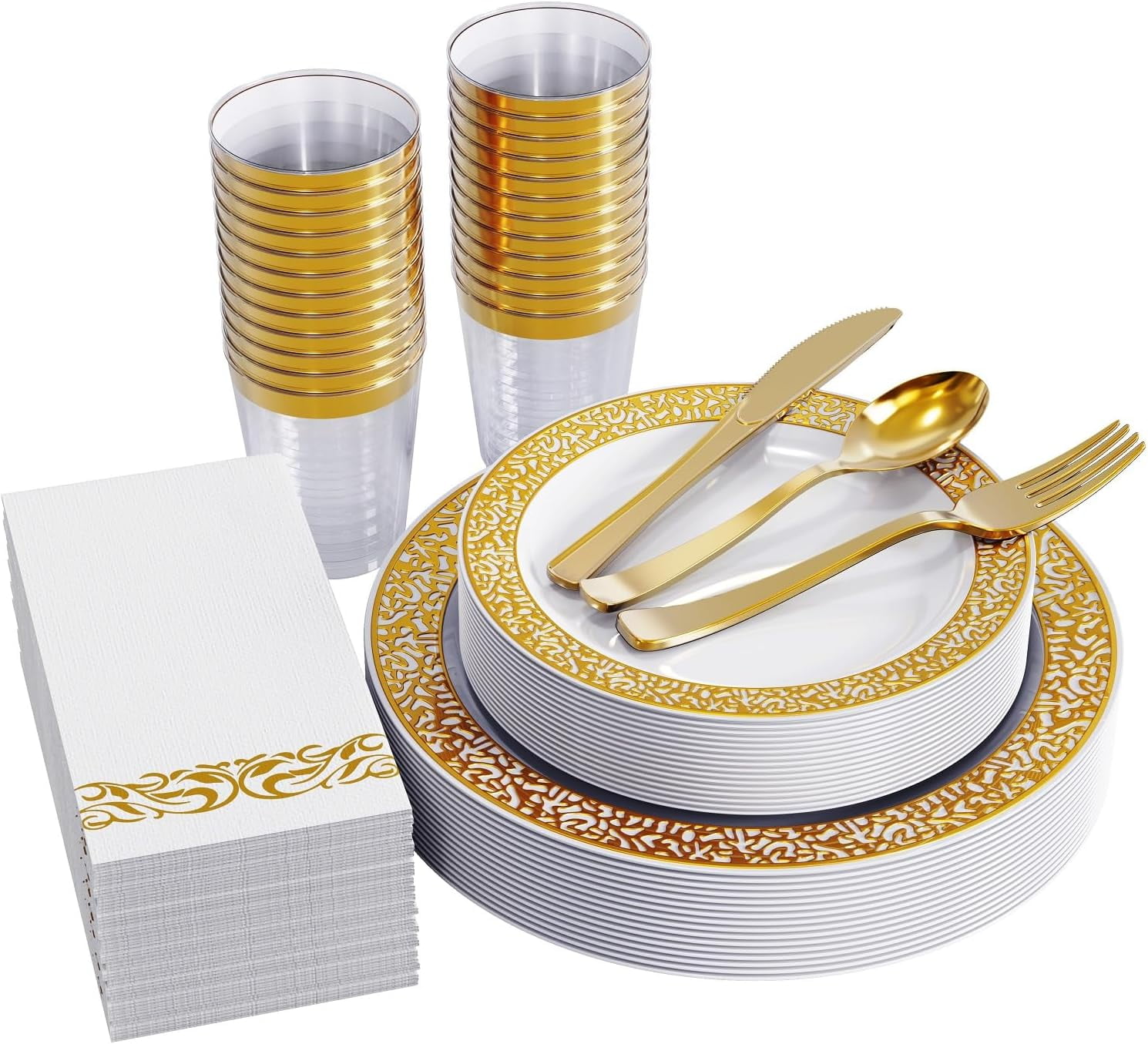 Gold Dinnerware Set for 25 Guests : 175 Piece White Plastic Plates with ...