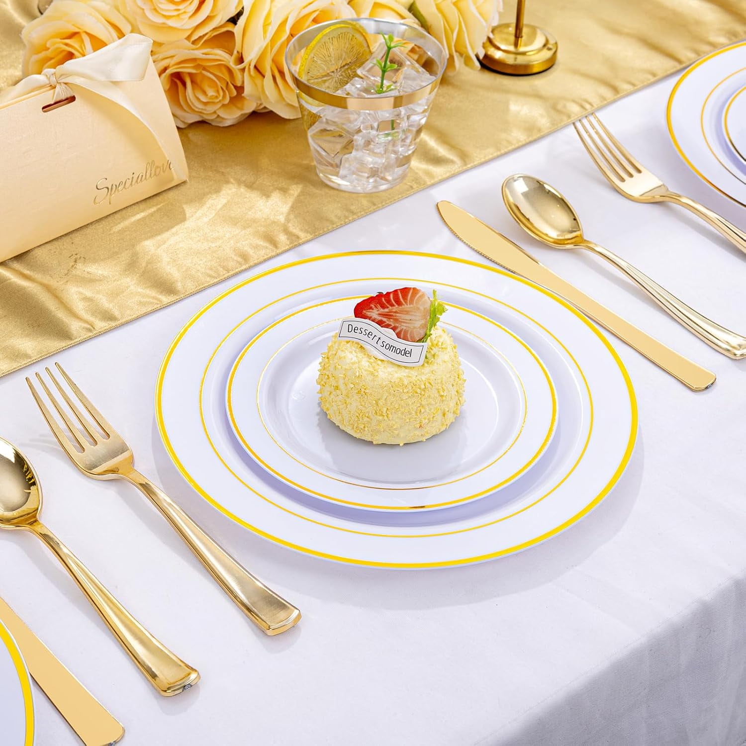 Gold Disposable Dinnerware Set for 100 Guests - 600PC BPA-Free Plastic ...