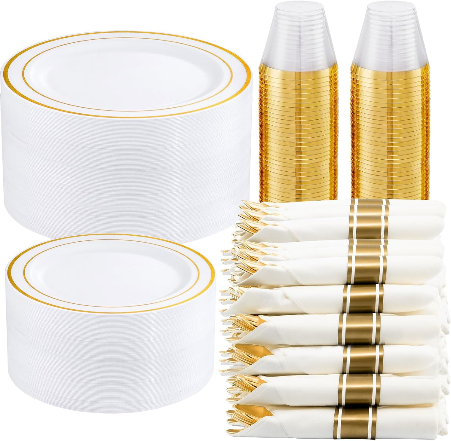 Gold Disposable Plates and Cutlery Set - Premium Dinner Plates, Dessert ...