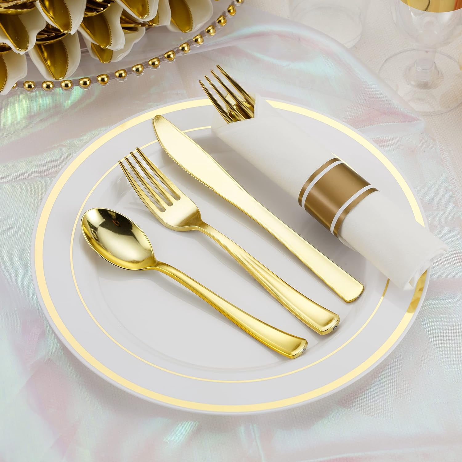 Gold Disposable Silverware Set, 50-Piece Pre-Rolled Plastic Cutlery ...