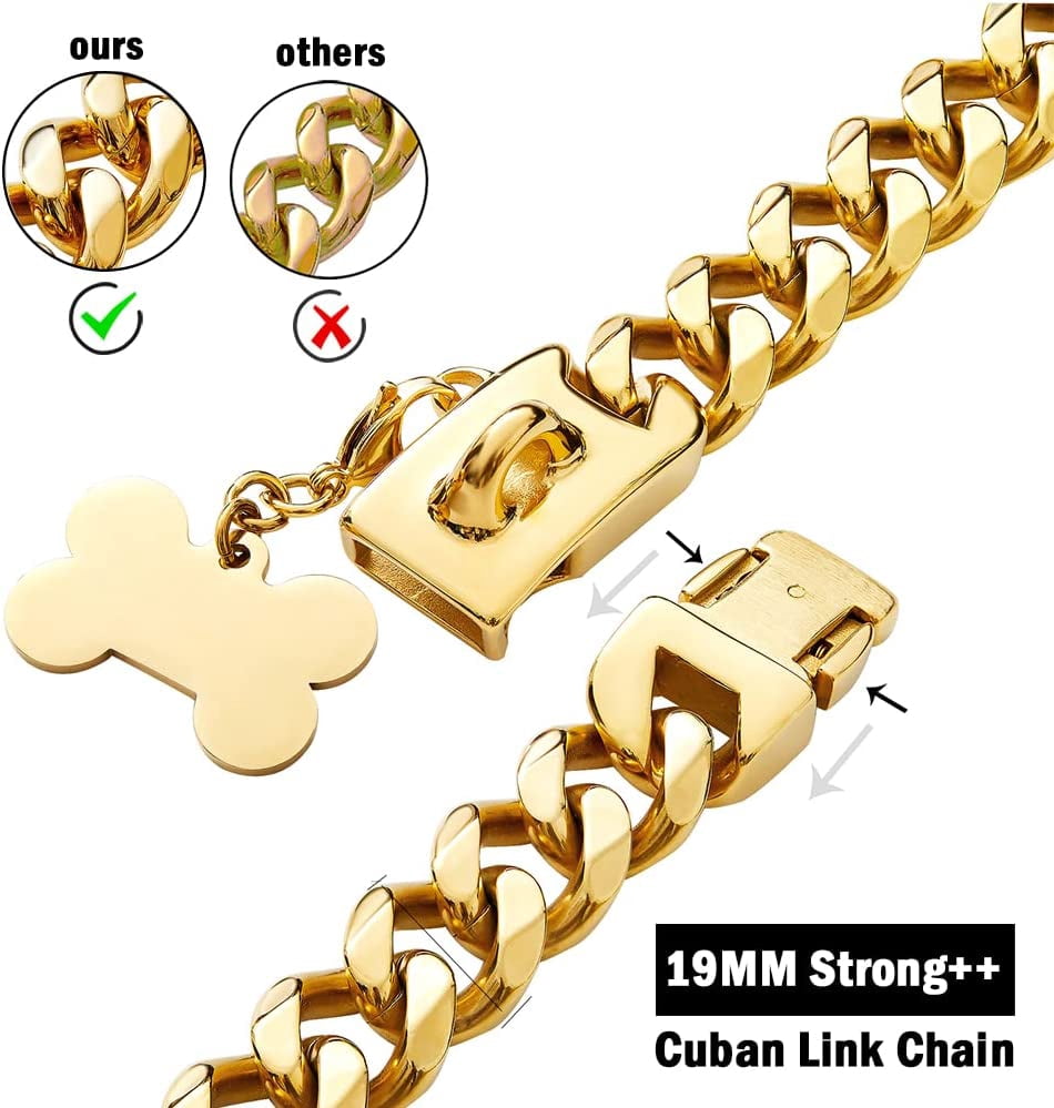 Gold Dog Chain Collar with Buckle & ID Tag for Large Dogs - 19MM 24 ...