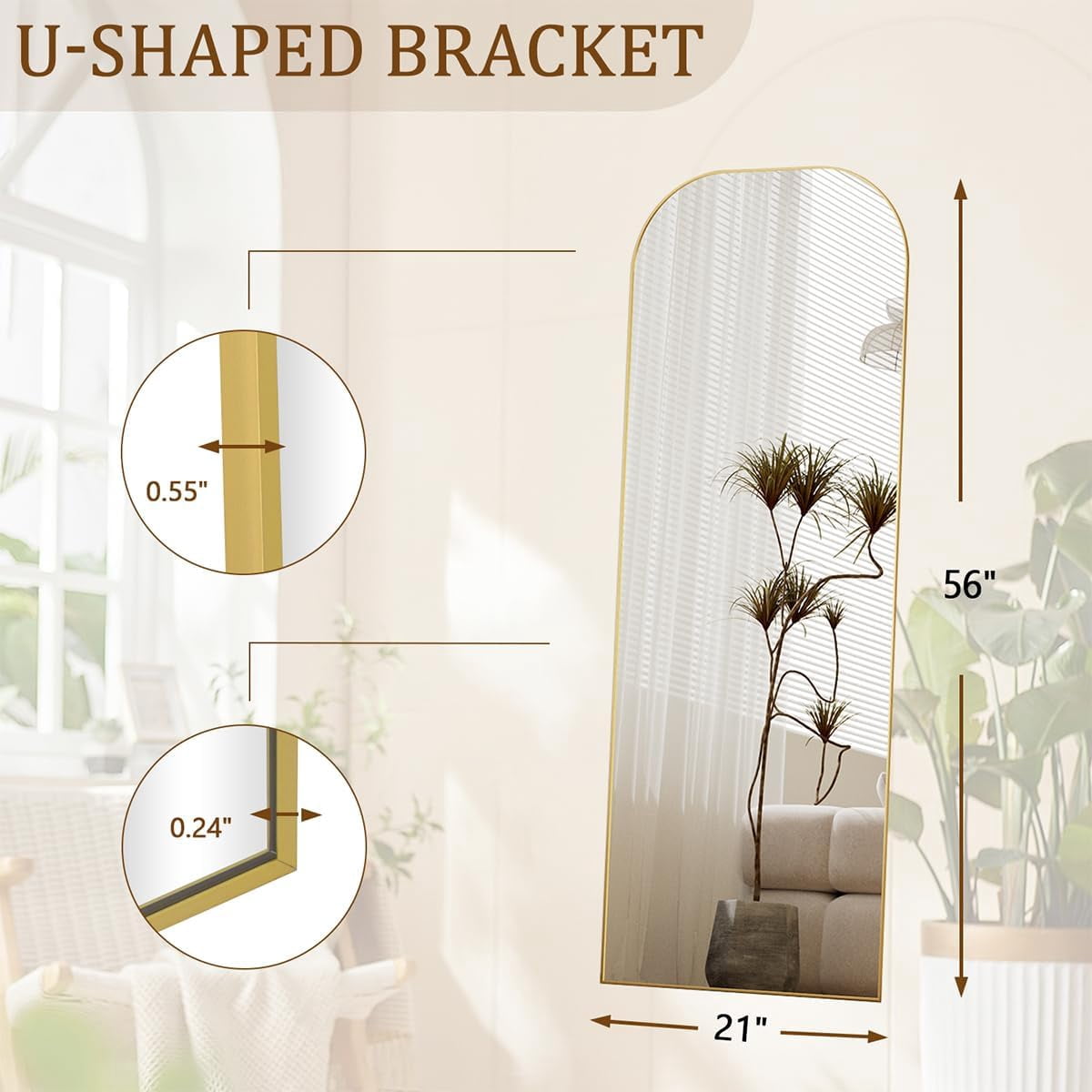 Gold Domed Top Full Length Mirror with Aluminum Alloy Frame, 56x21 ...